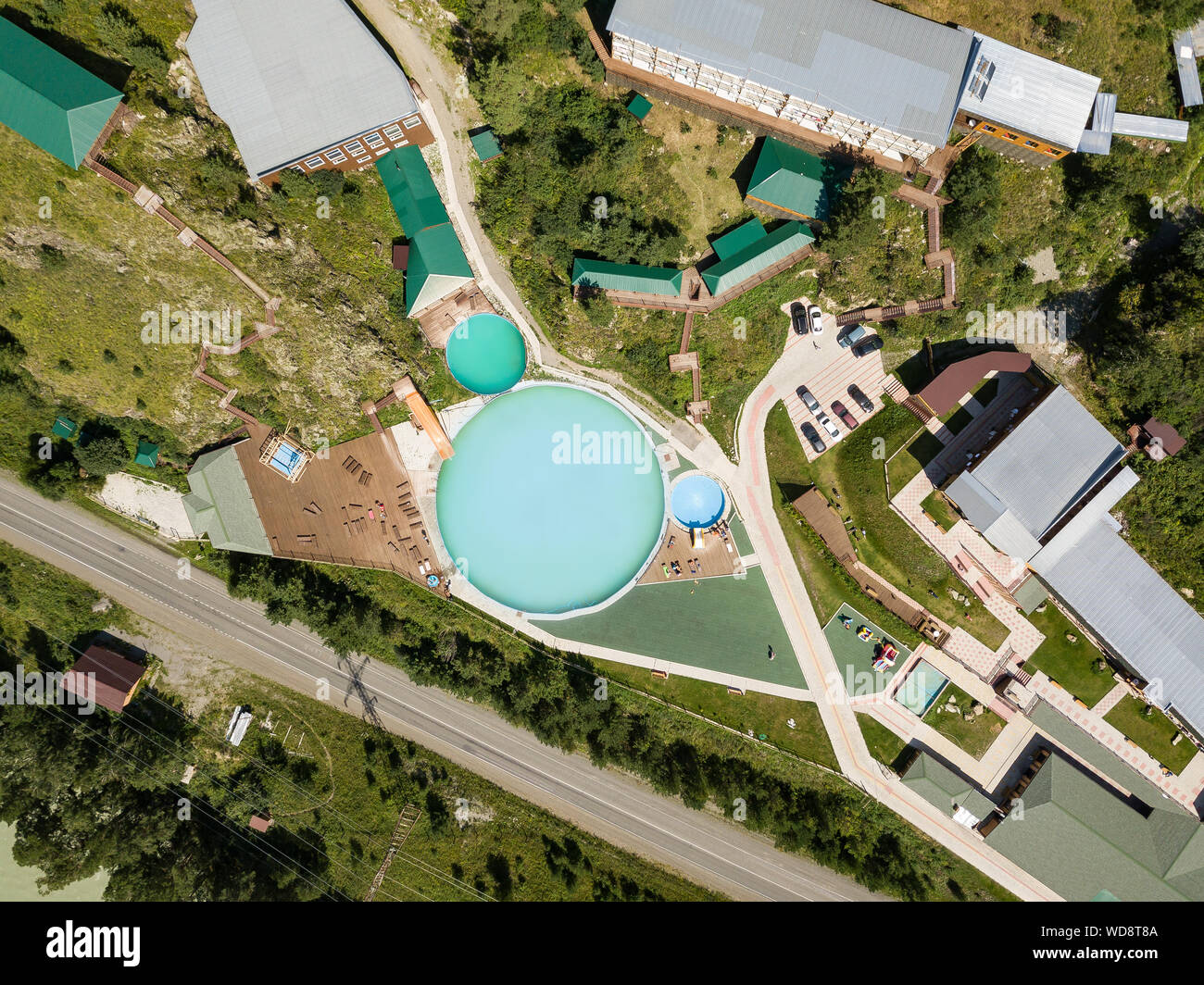 Aerial view of a tourist recreation center in with three swimming pools ...