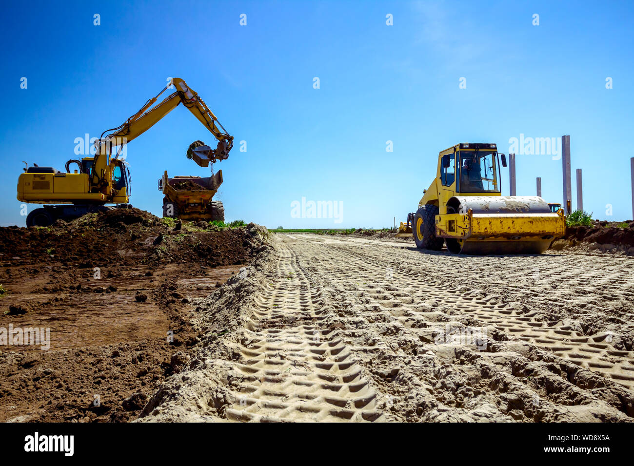 Pattern tracks of huge road roller with spikes, compacting soil for a ...