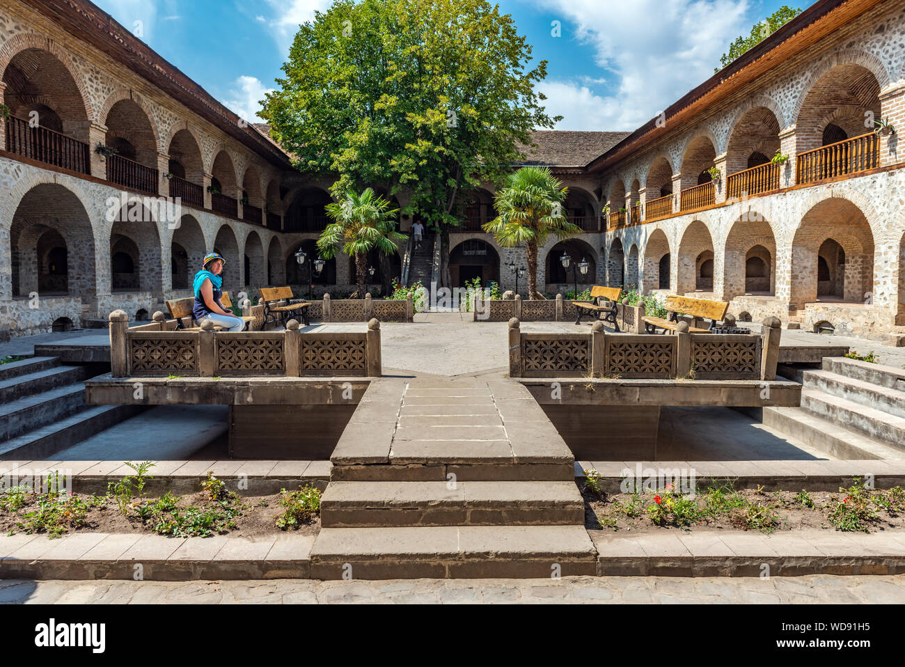 Shaki, Azerbaijan August 24, 2019 Ancient caravanserai hotel in the old ...