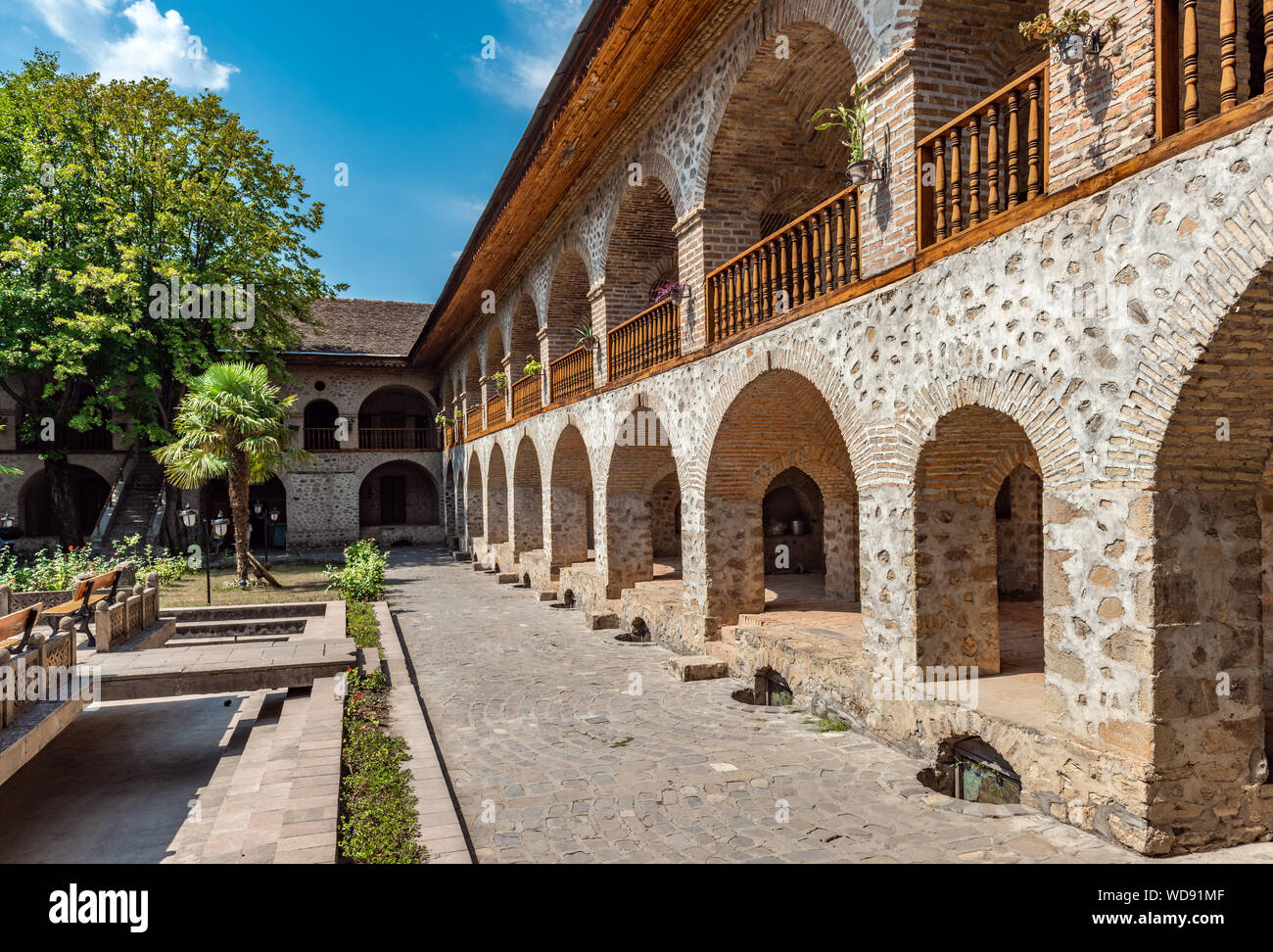 Ancient caravanserai hotel in the old town, Shaki city, Azerbaijan ...