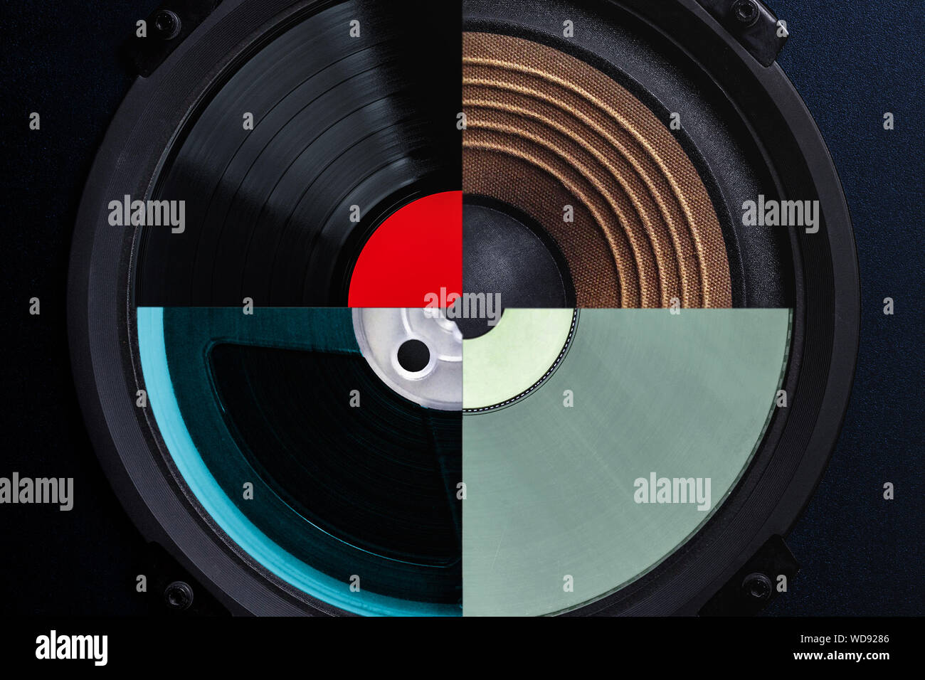 Music record production concept. Head of loudspeaker overlaid by vinyl ...