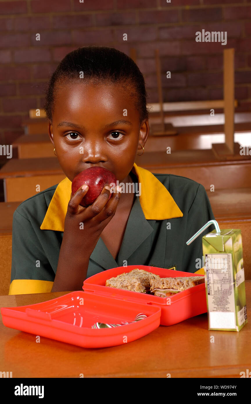 An African student having a healthy lunch with sandwiches, apple juice ...