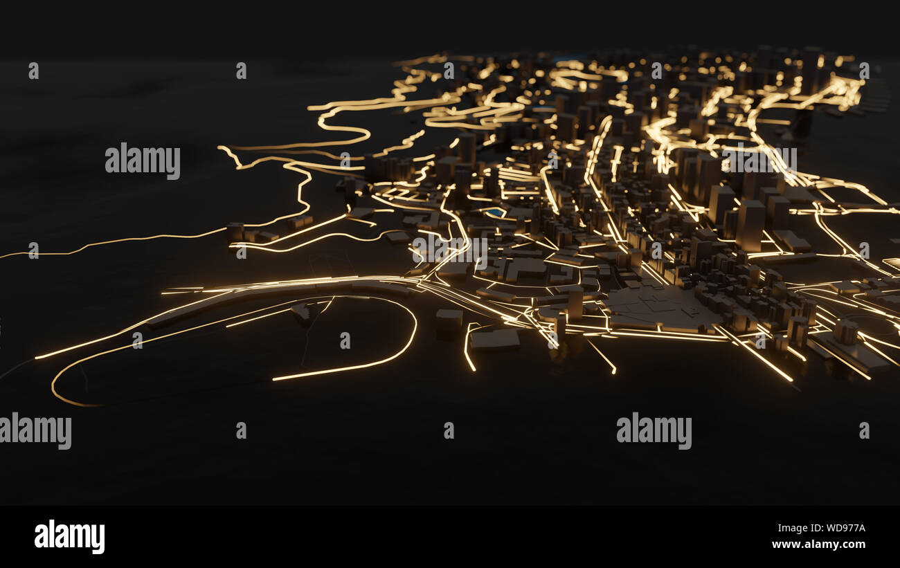Modern city traffic road at night. Cyberpunk style 3D illustration ...