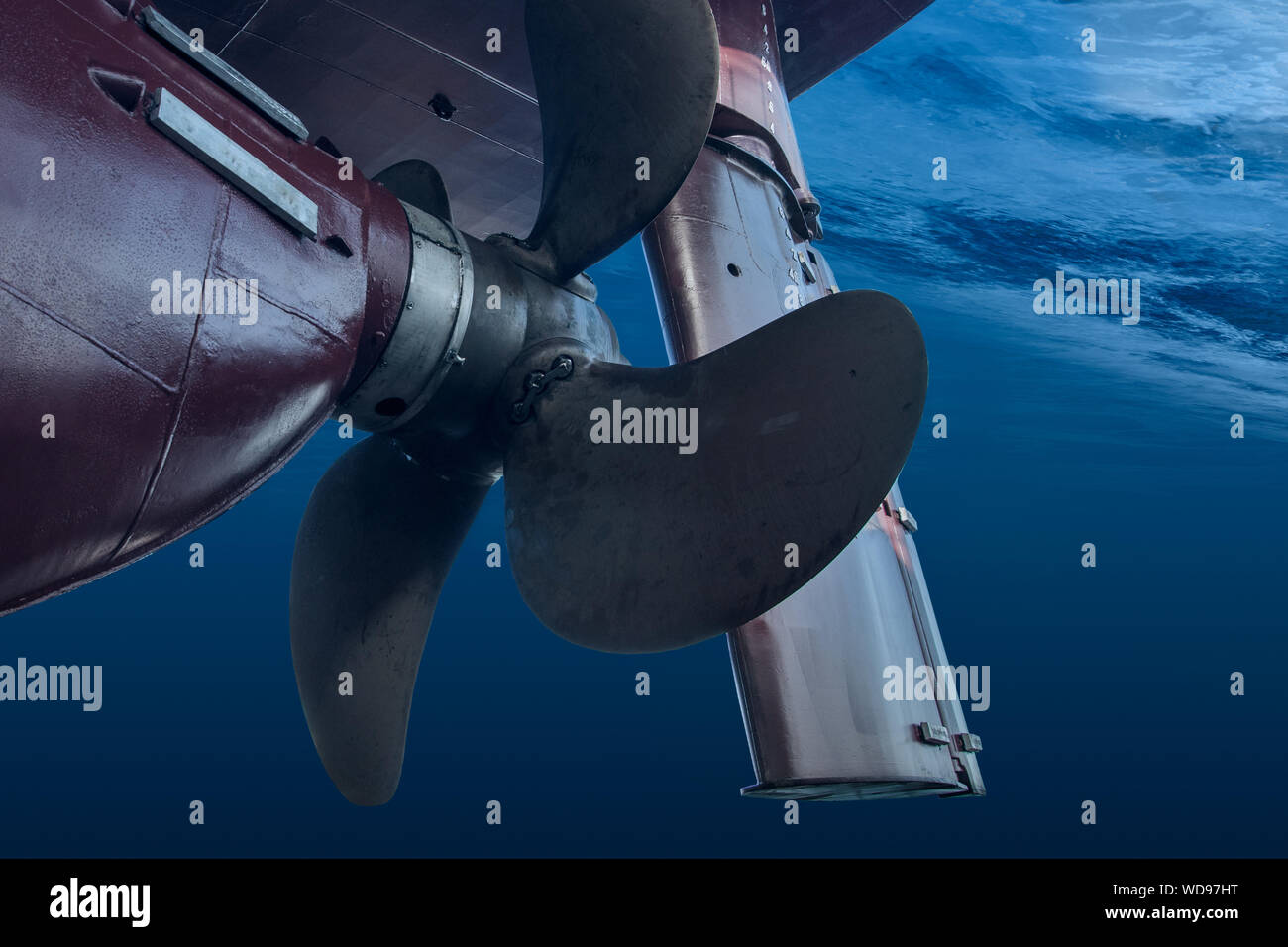 Propeller and rudder of big ship underway view from underwater. Close ...