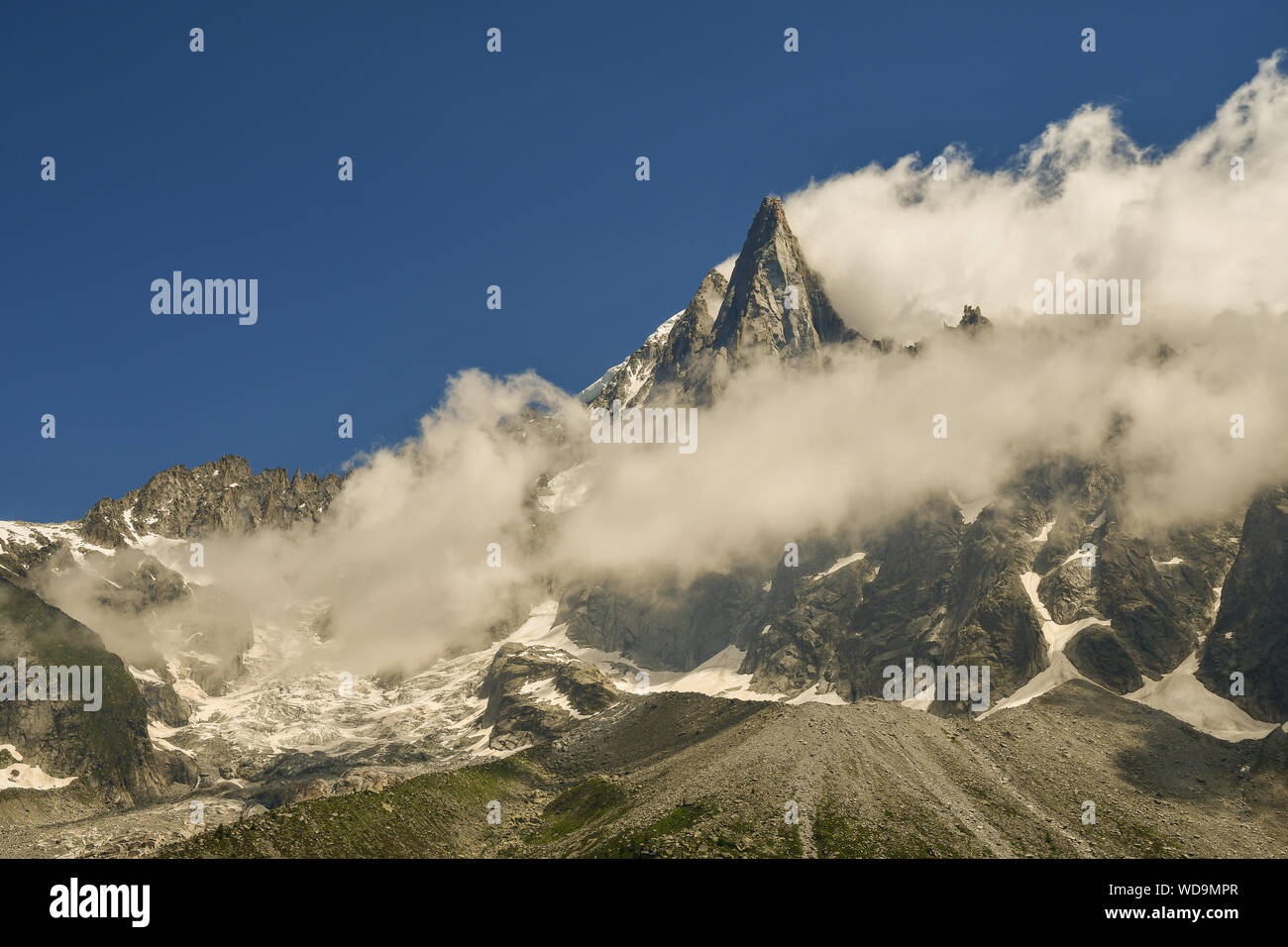Peaks of Aiguilles du Dru, an Alpine mountain of the Mont Blanc massif ...