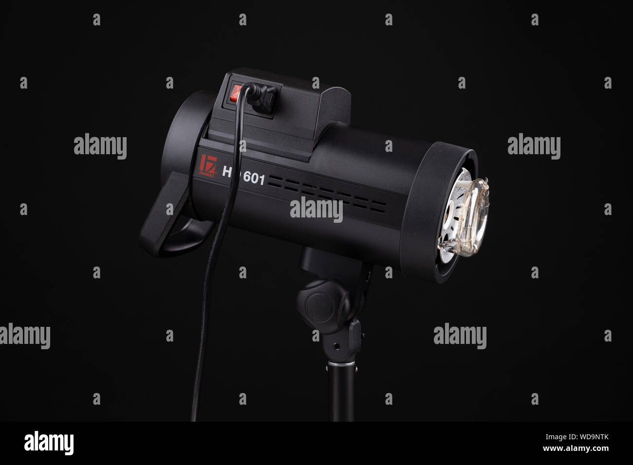 Photo studio strobe light flash bulb monoblock. Close up view of ...