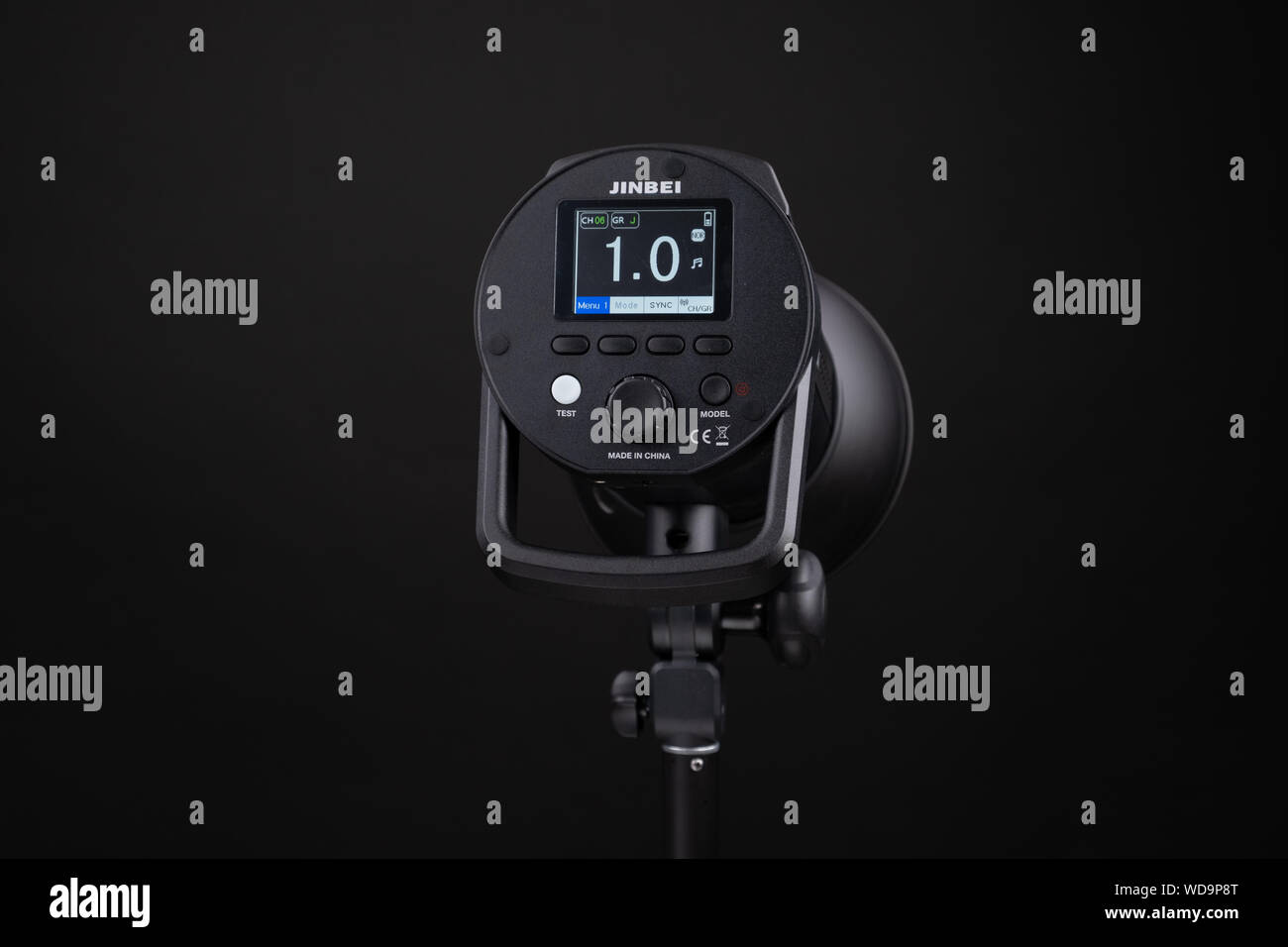 Photo studio strobe light flash bulb monoblock. Close up view of ...