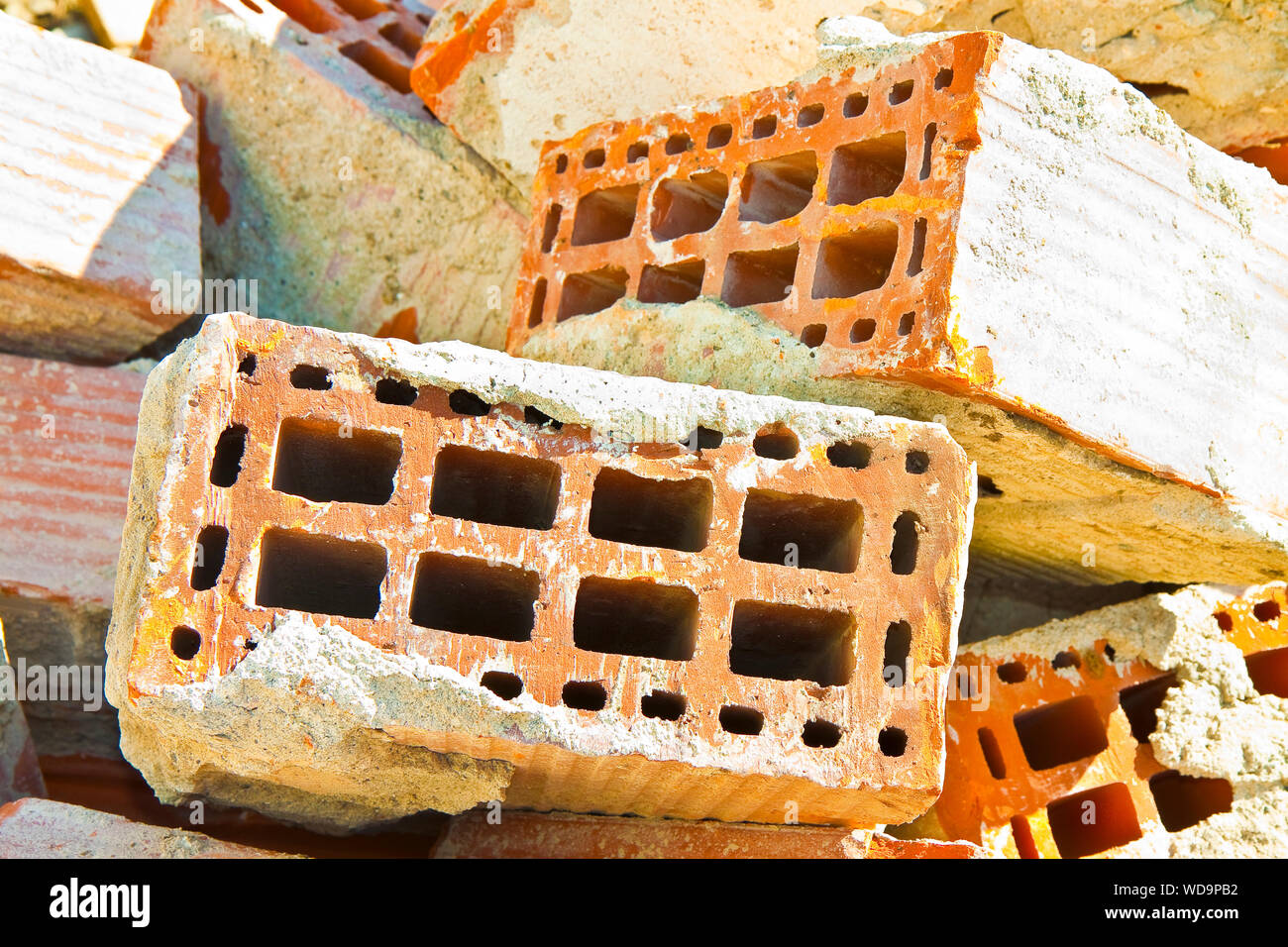 Concrete and brick rubble debris on construction site after a ...