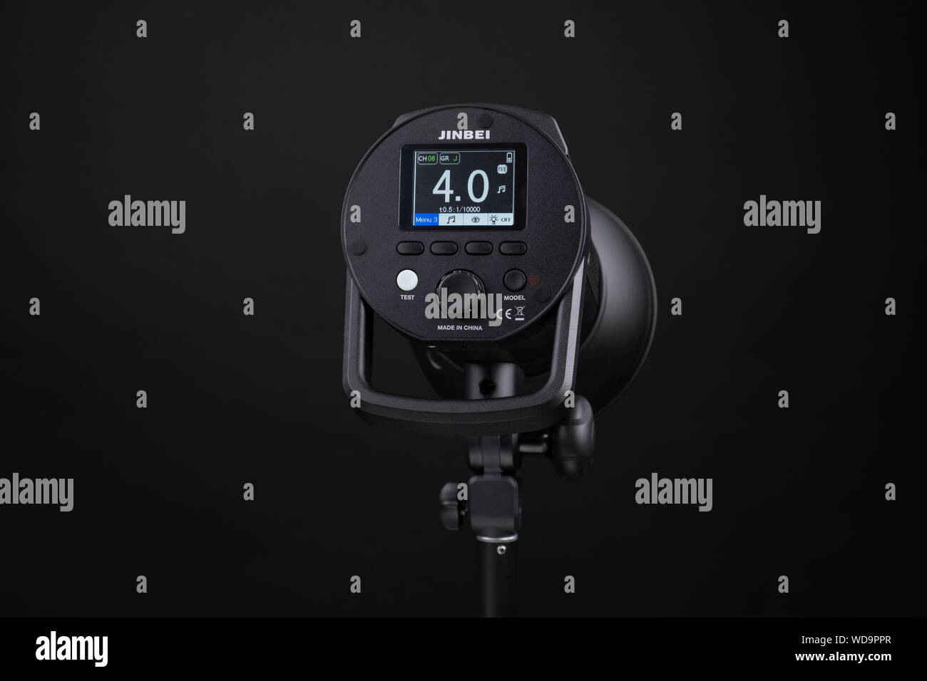 Photo studio strobe light flash bulb monoblock. Close up view of ...