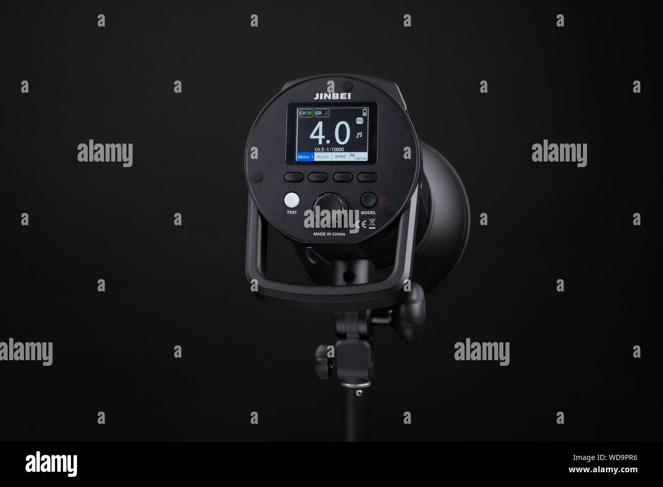 Photo studio strobe light flash bulb monoblock. Close up view of ...