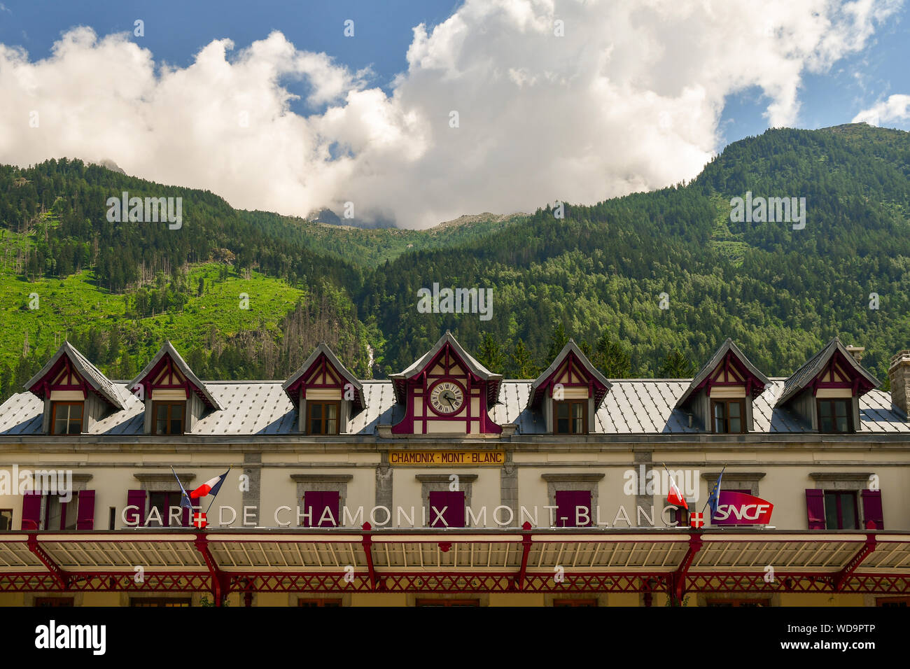 Top façade of the train station of Chamonix-Mont-Blanc in the French ...
