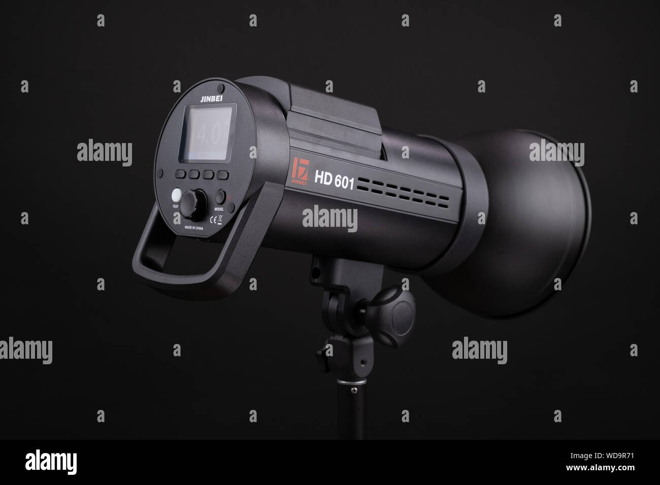 Photo studio strobe light flash bulb monoblock. Close up view of ...