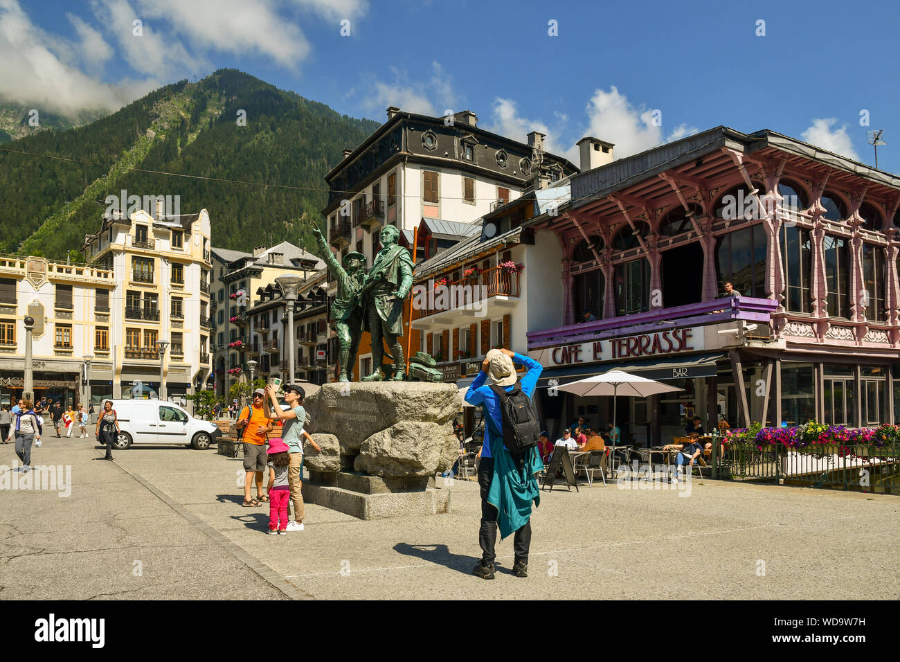View of the historical centre of Chamonix-Mont-Blanc with the bronze ...