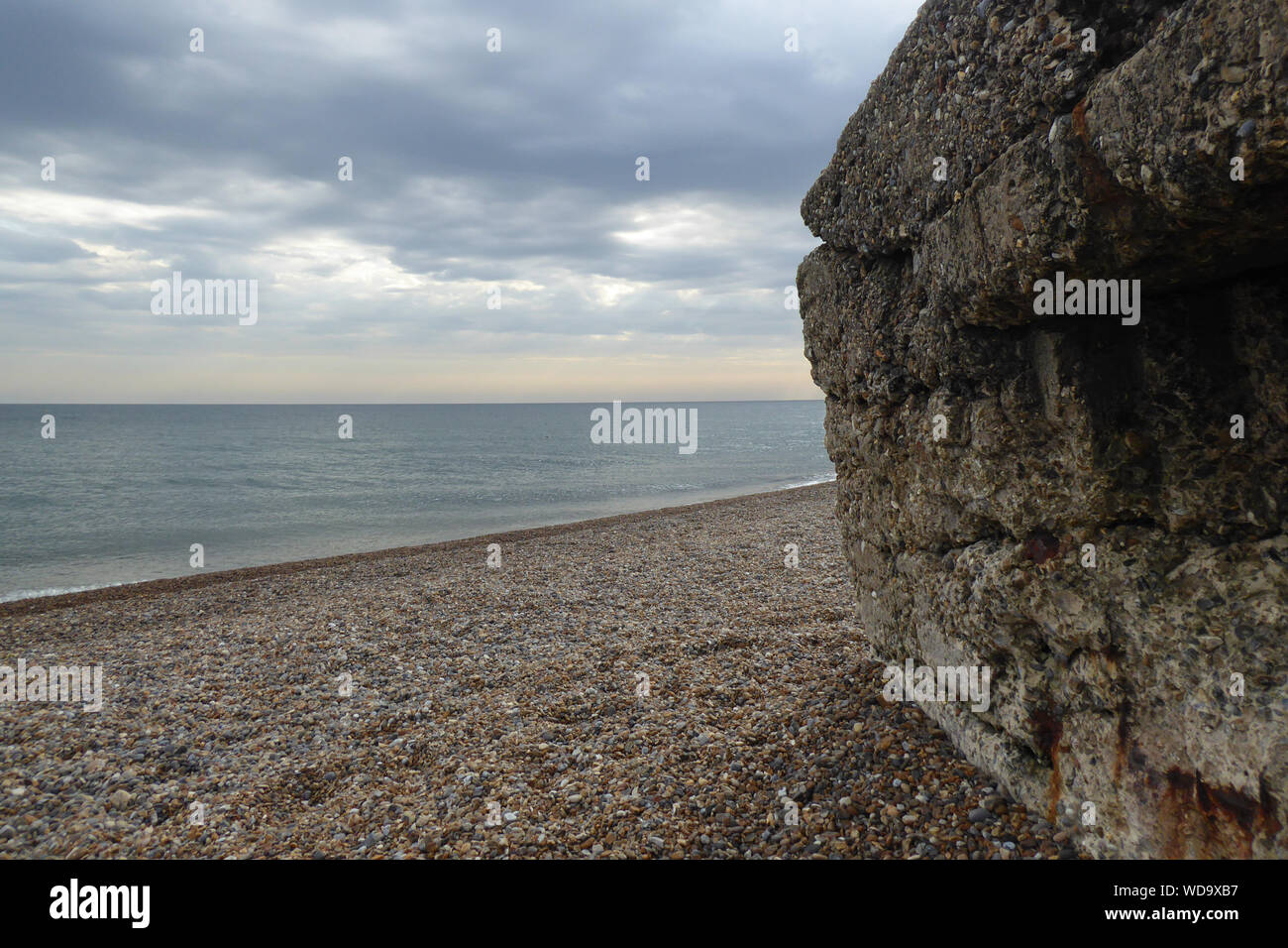 A seaside view of the shoreline at Kelling Beach, Norfolk, England ...