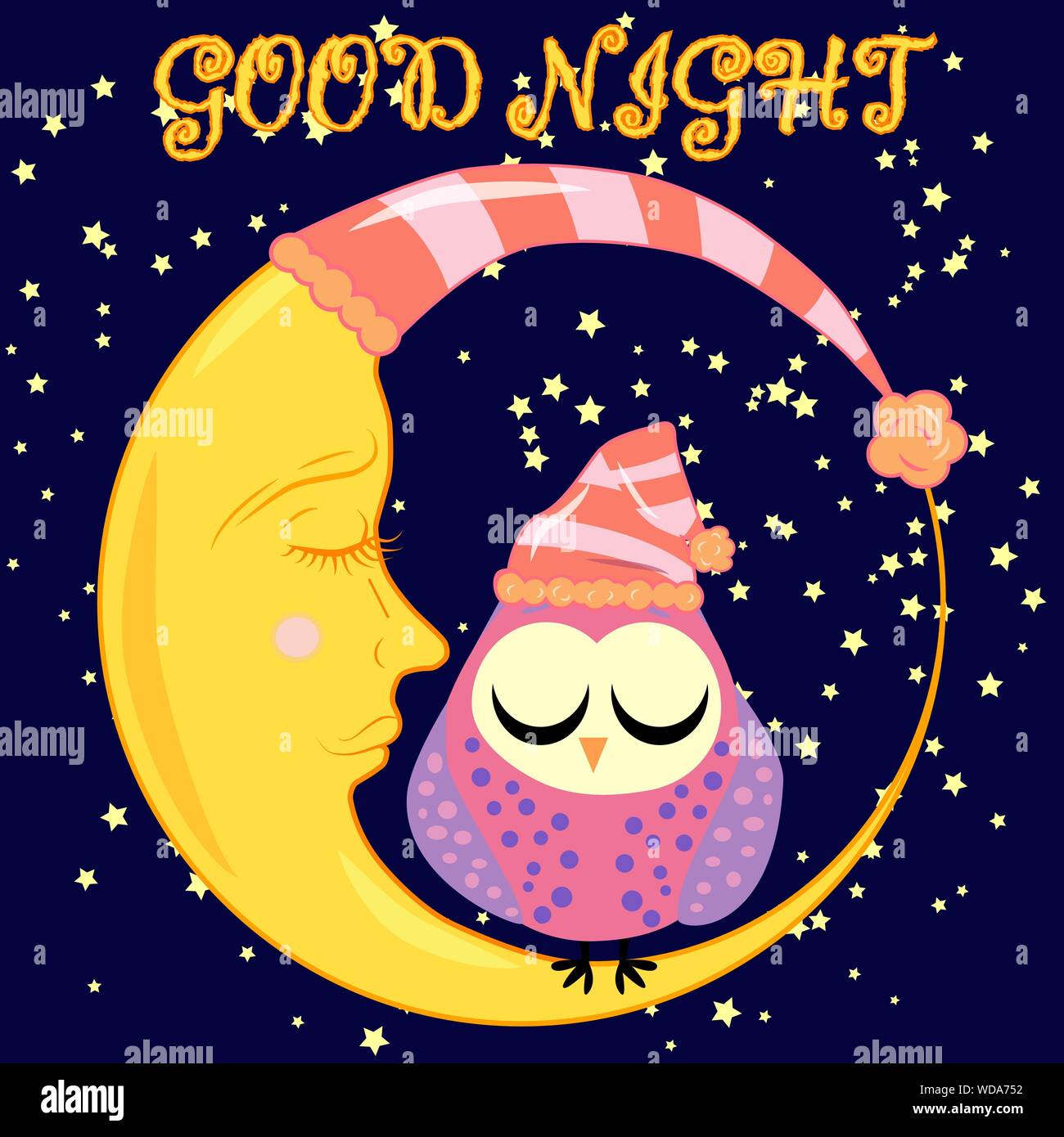 Good night. Postcard with a dormant crescent, a cute cartoon owl and ...
