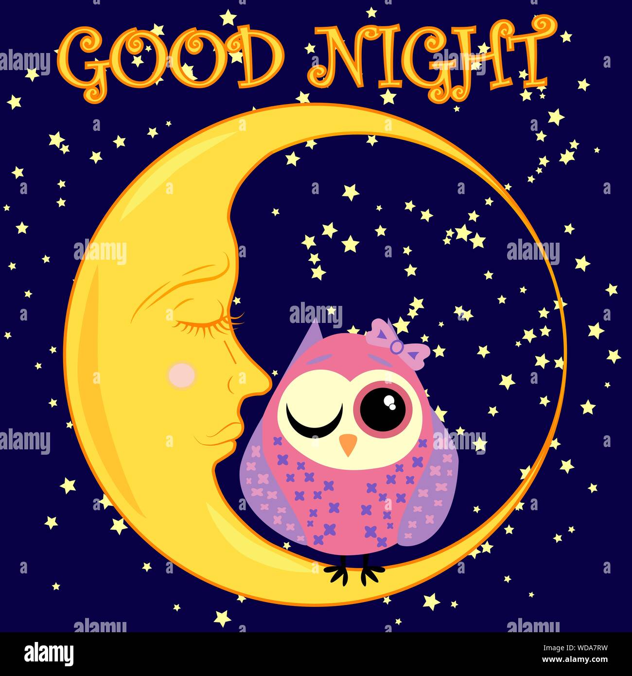 Good night. Postcard with a dormant crescent, a cute cartoon owl and ...