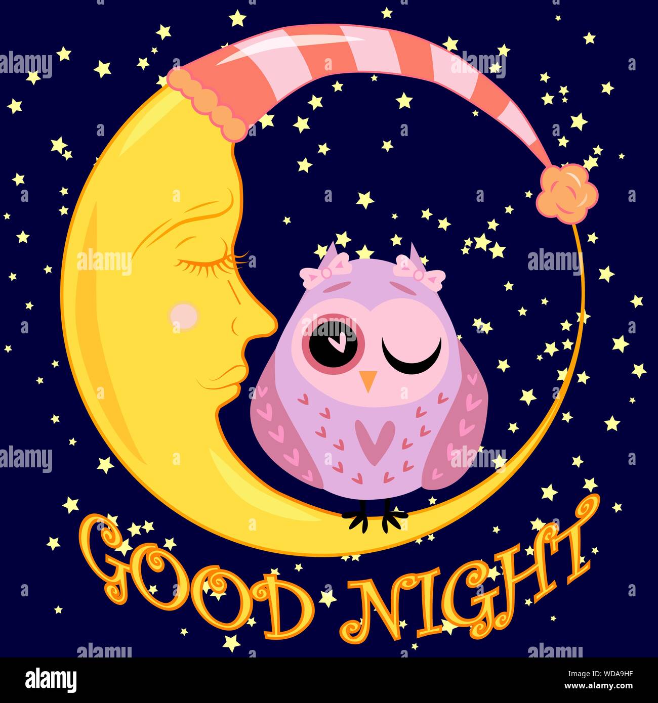 Good night. Postcard with a dormant crescent, a cute cartoon owl and ...
