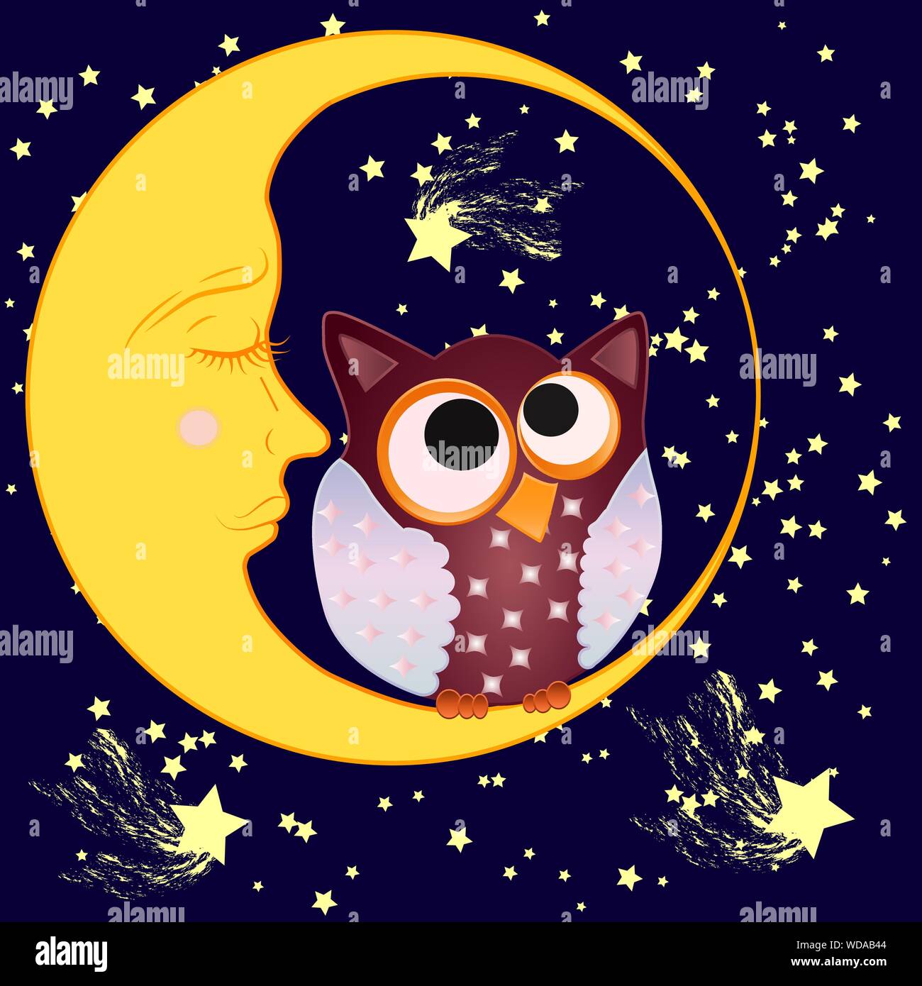 A sweet cartoon owl with eyes closed to the middle in a sleeping cap ...