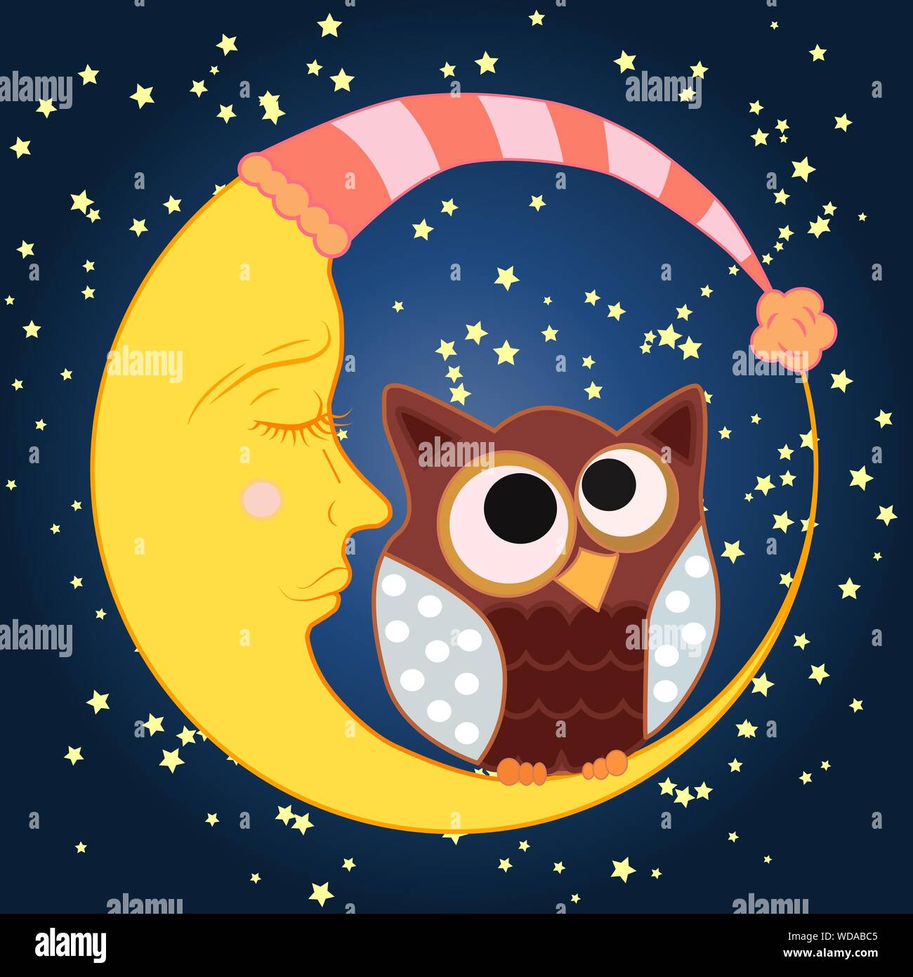 A sweet cartoon owl with eyes closed to the middle in a sleeping cap ...