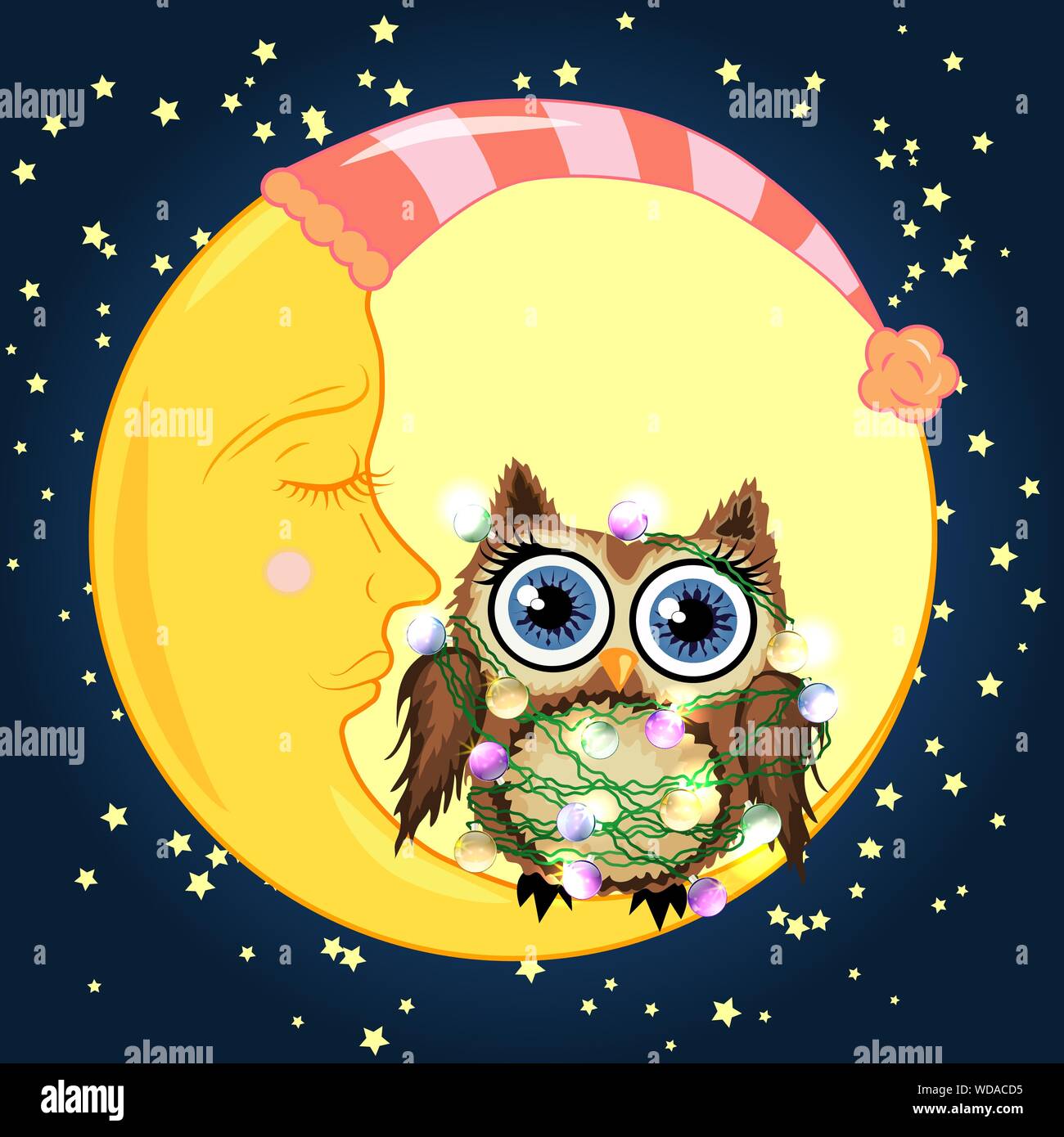 Cute cartoon brown owl tangled in garlands of light bulbs, mimicking ...