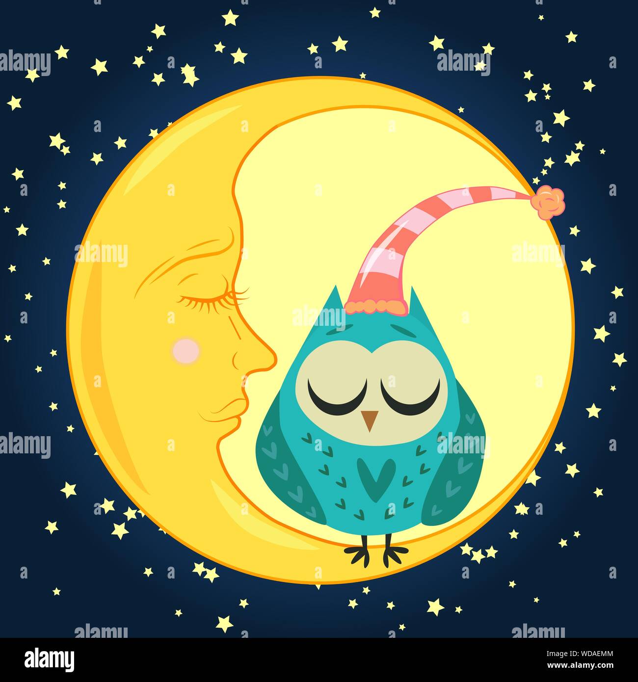 cute cartoon sleeping owl in circles with closed eyes sits on a drowsy ...