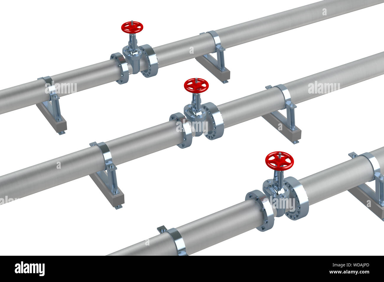 three pipelines with valves isolated on white. 3d rendering Stock Photo ...