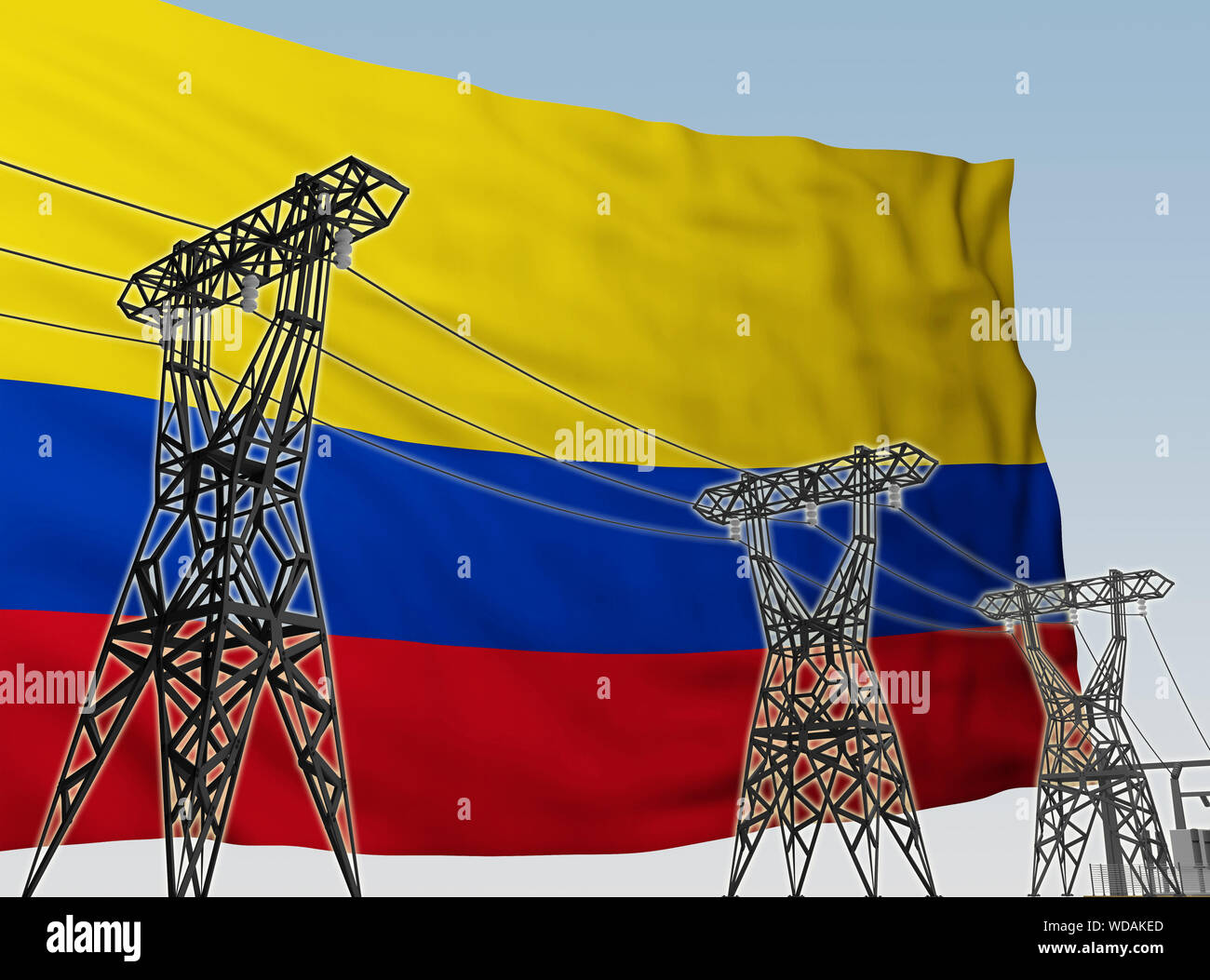 power lines against background flag of Colombia. 3d rendering Stock ...