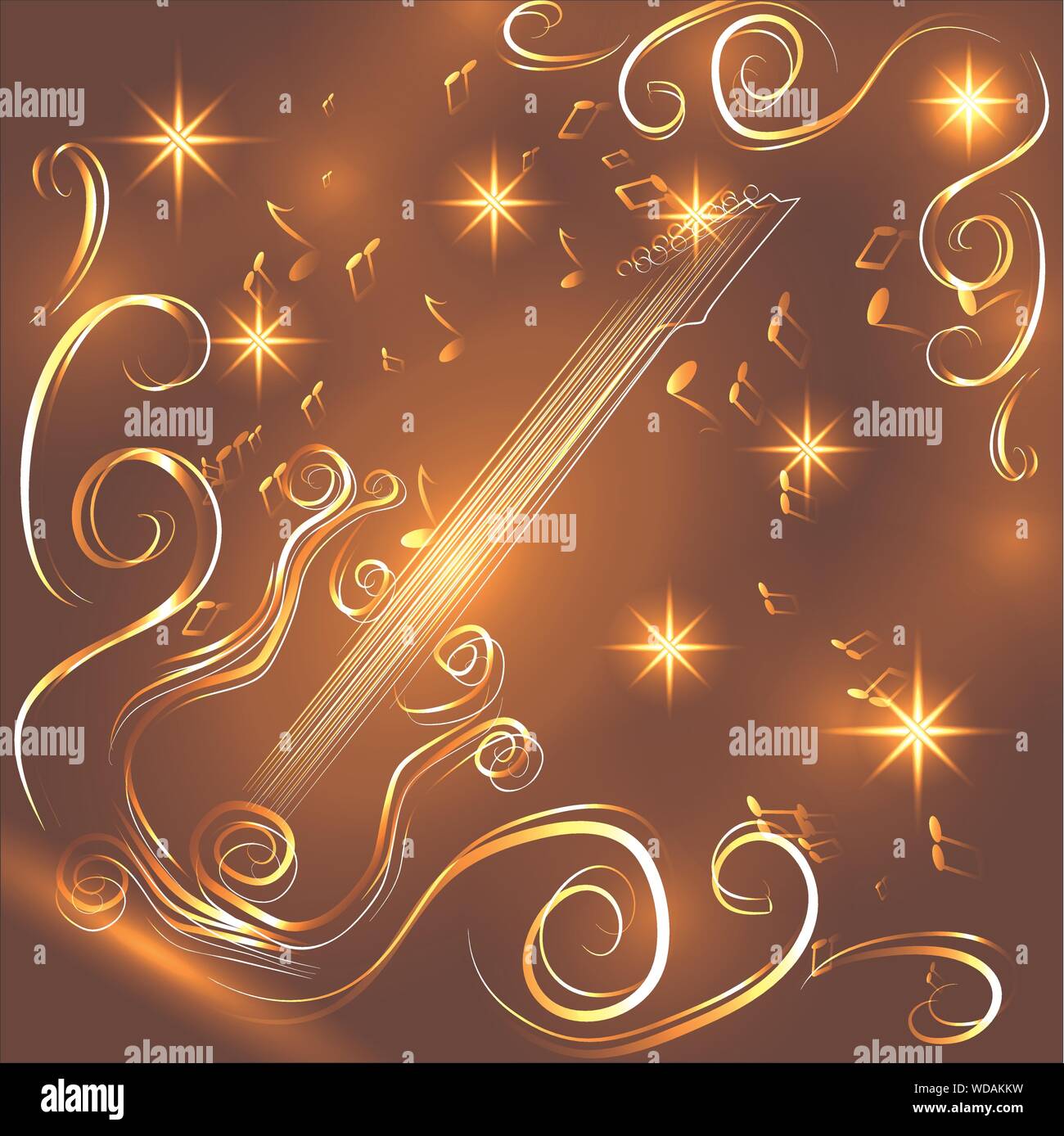 Elegant golden guitar outline, glowing on a dark background, neon ...