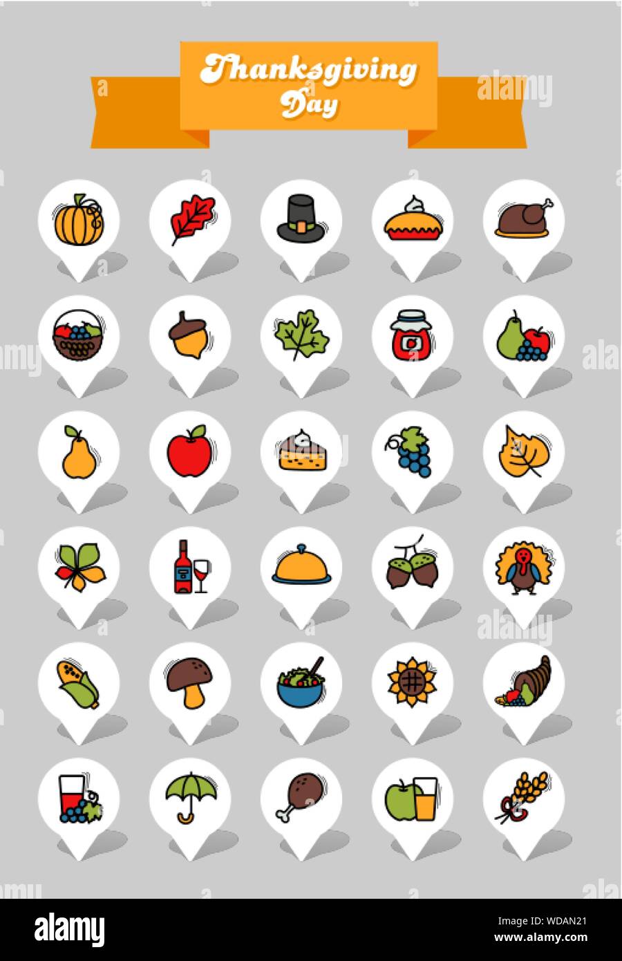 Thanksgiving Day pin map icon set. Harvest map pointer. Map markers ...