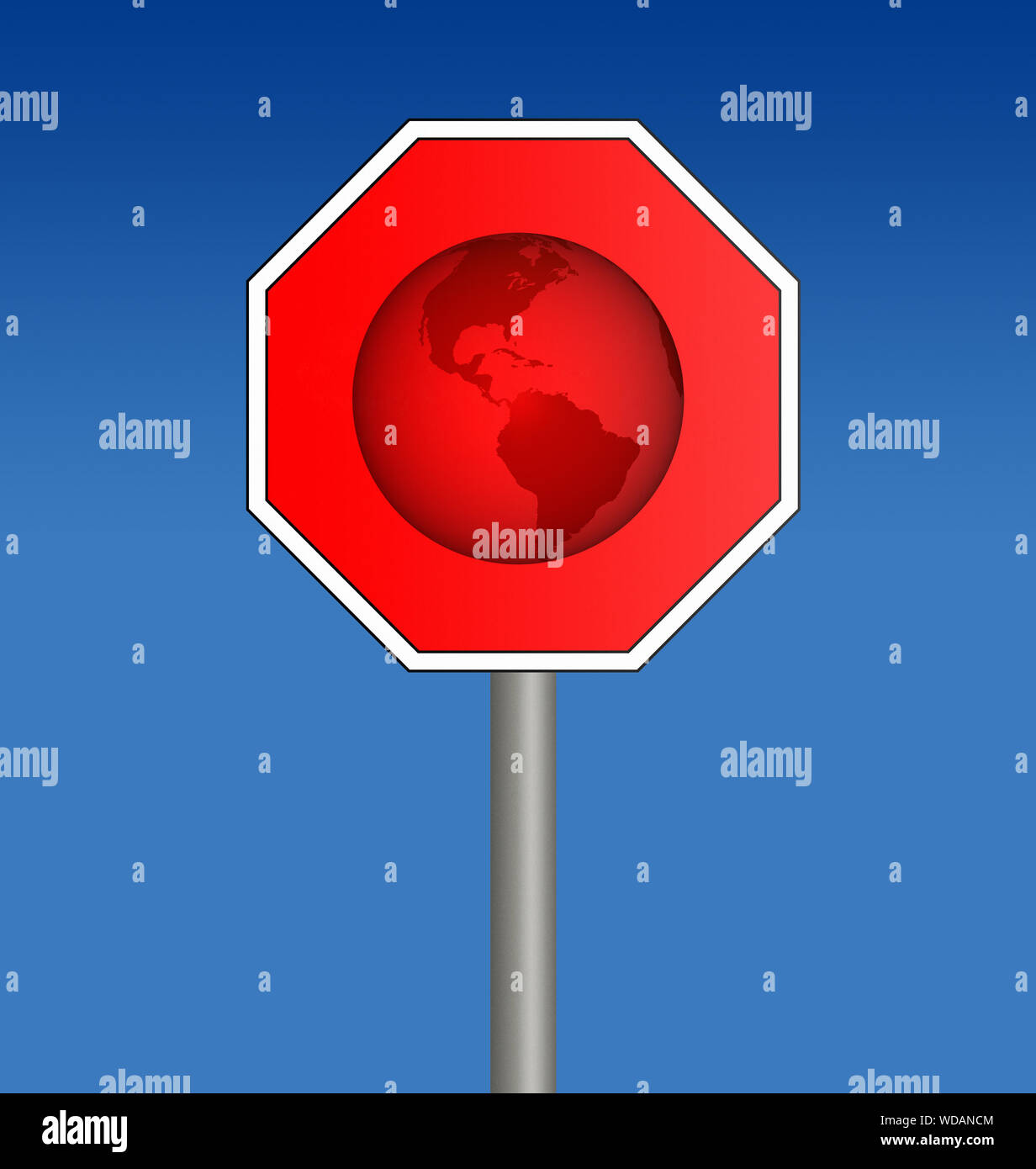 Red octagonal sign with Earth over blue gradient background Stock Photo ...