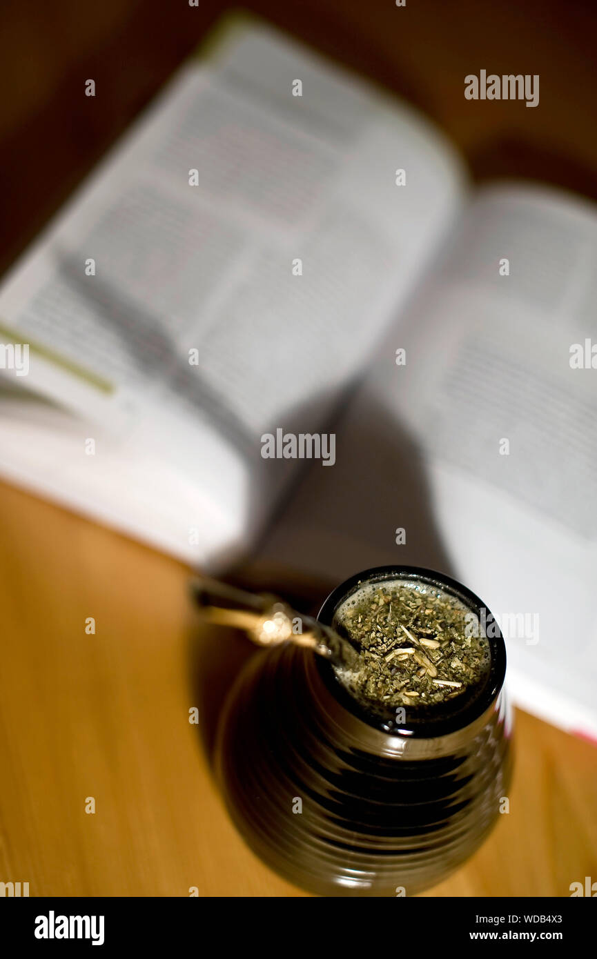 Traditional yerba mate tea in calabash mug wiith bombilla and book on ...