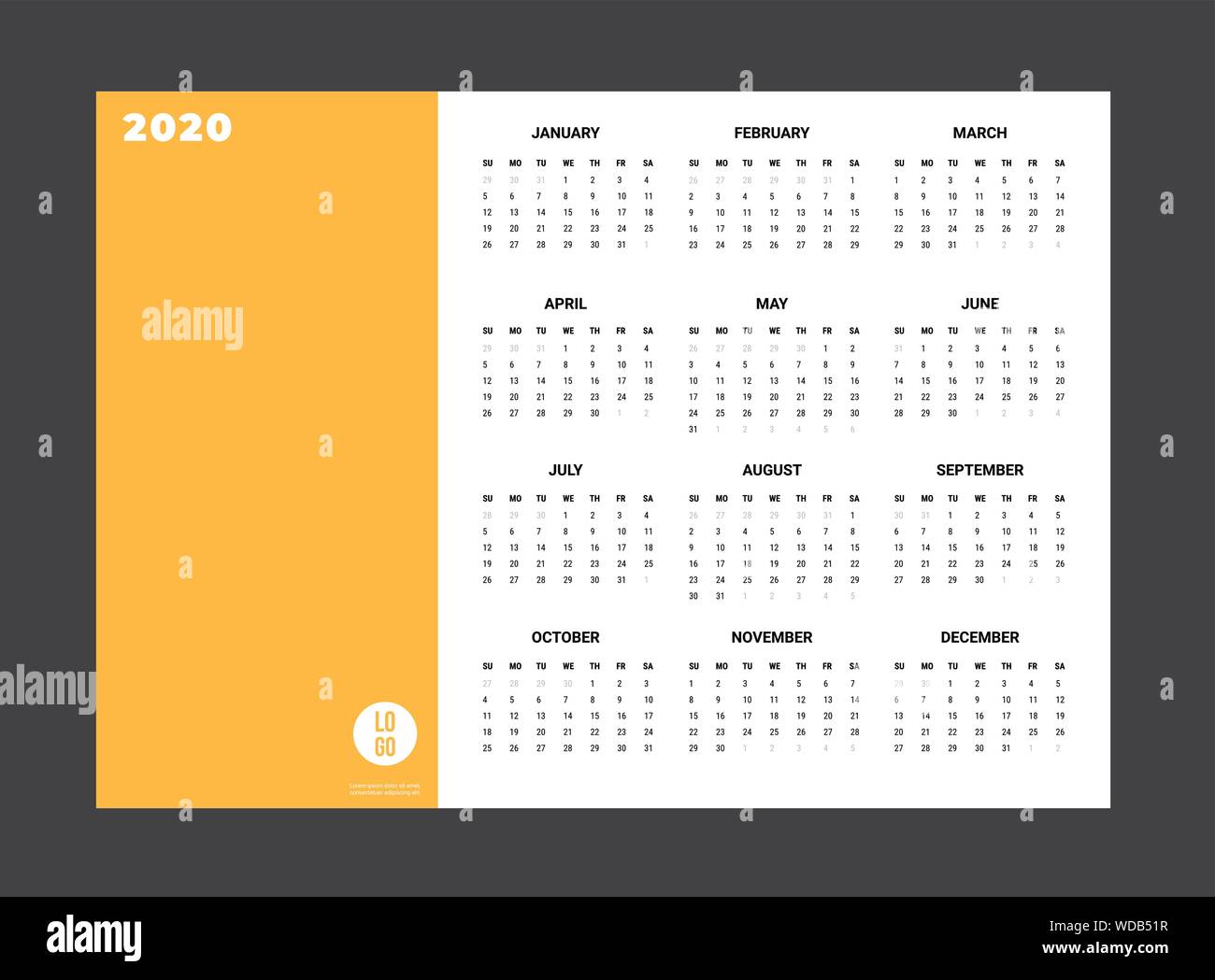2020 Calendar - illustration. Template Mock up. Vector illustration ...
