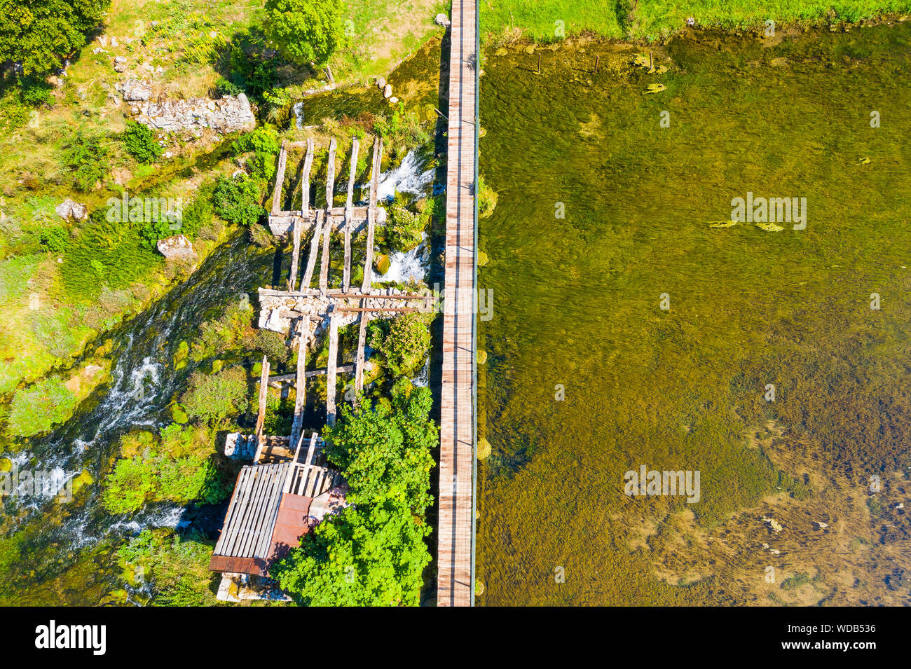 Tonkovic vrilo, river source of Gacka and wooden bridge over the river ...