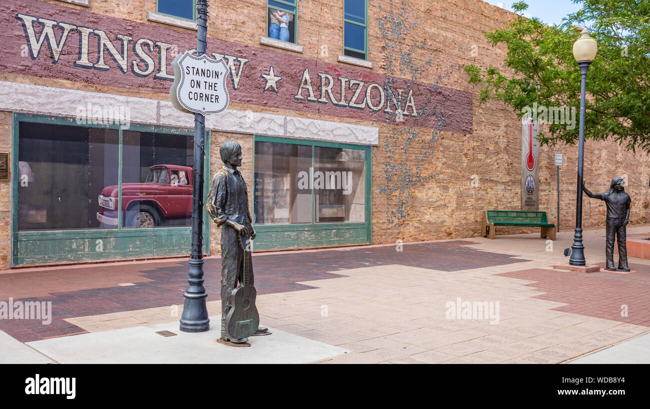 Winslow Arizona, US. May 23, 2019. Standing on the corner statue ...