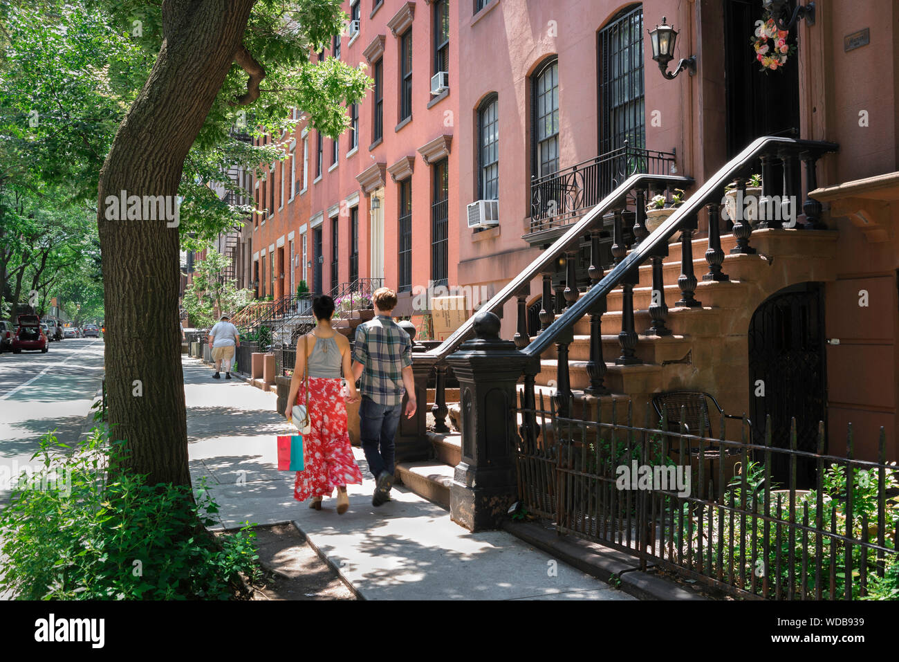 Brooklyn Heights NYC, view in summer along a typical brownstone ...