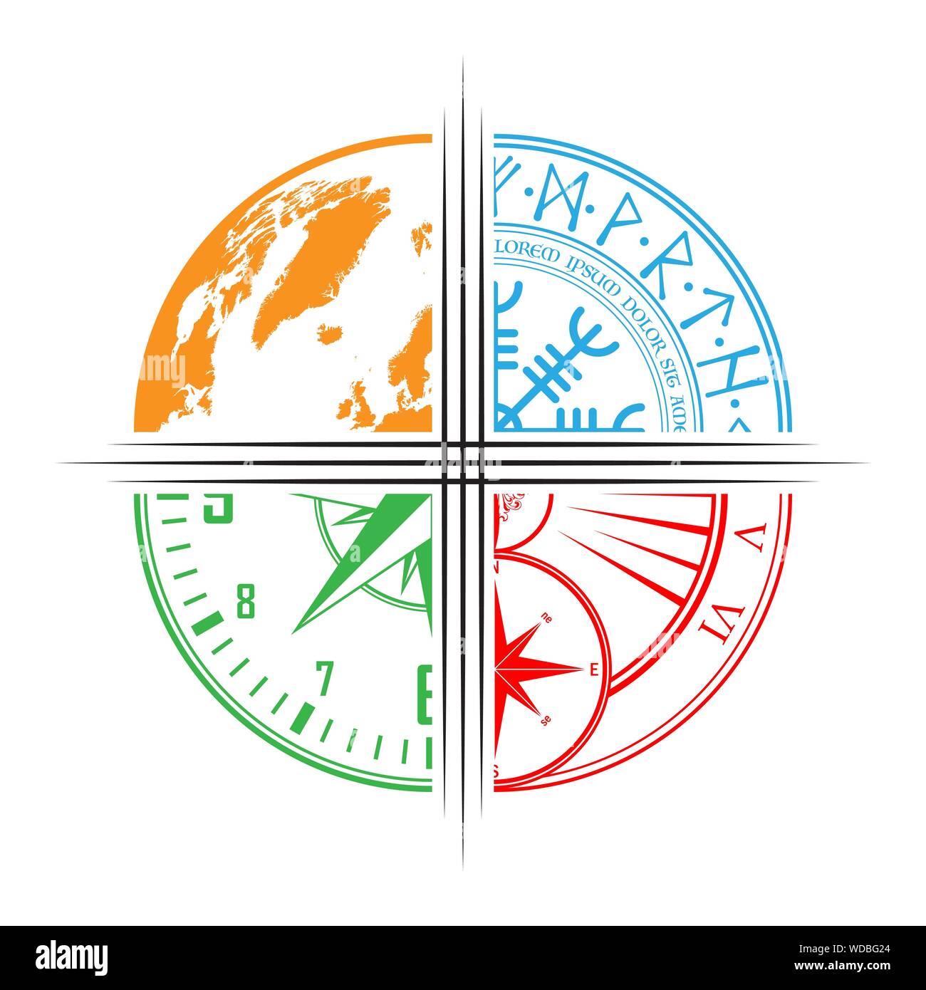 Color symbols of world map, clock, windrose and abstract symbol Stock ...