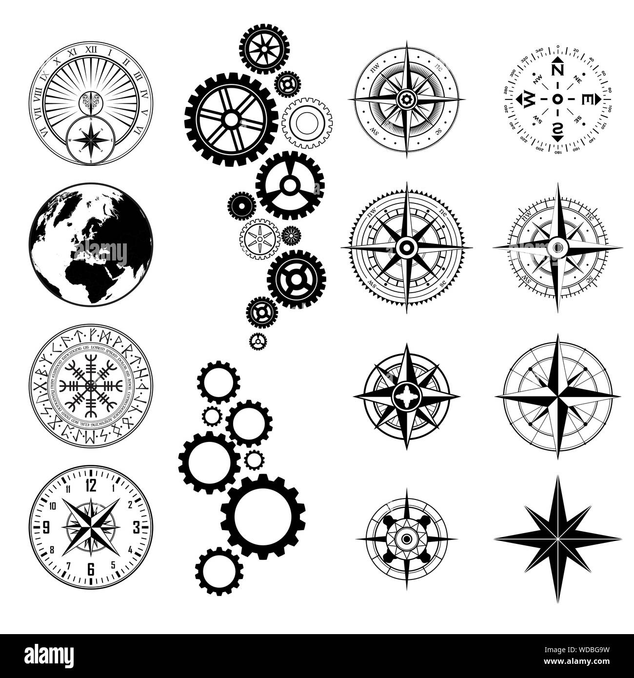Set of different black design symbols silhouettes isolated on white ...