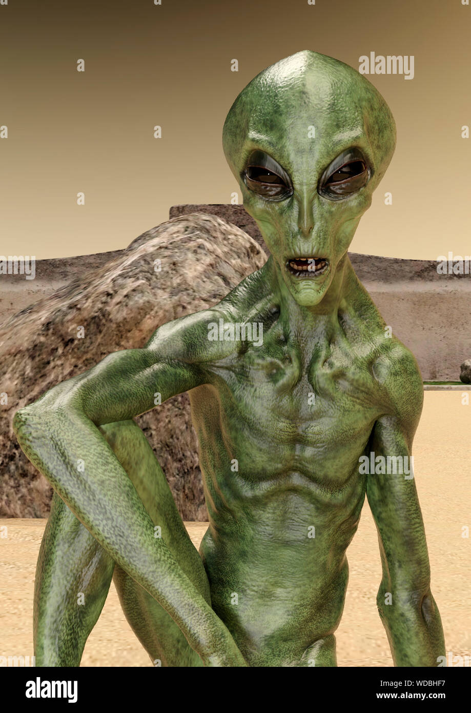 3D rendering of a science fiction green alien sitting in a sand Stock ...