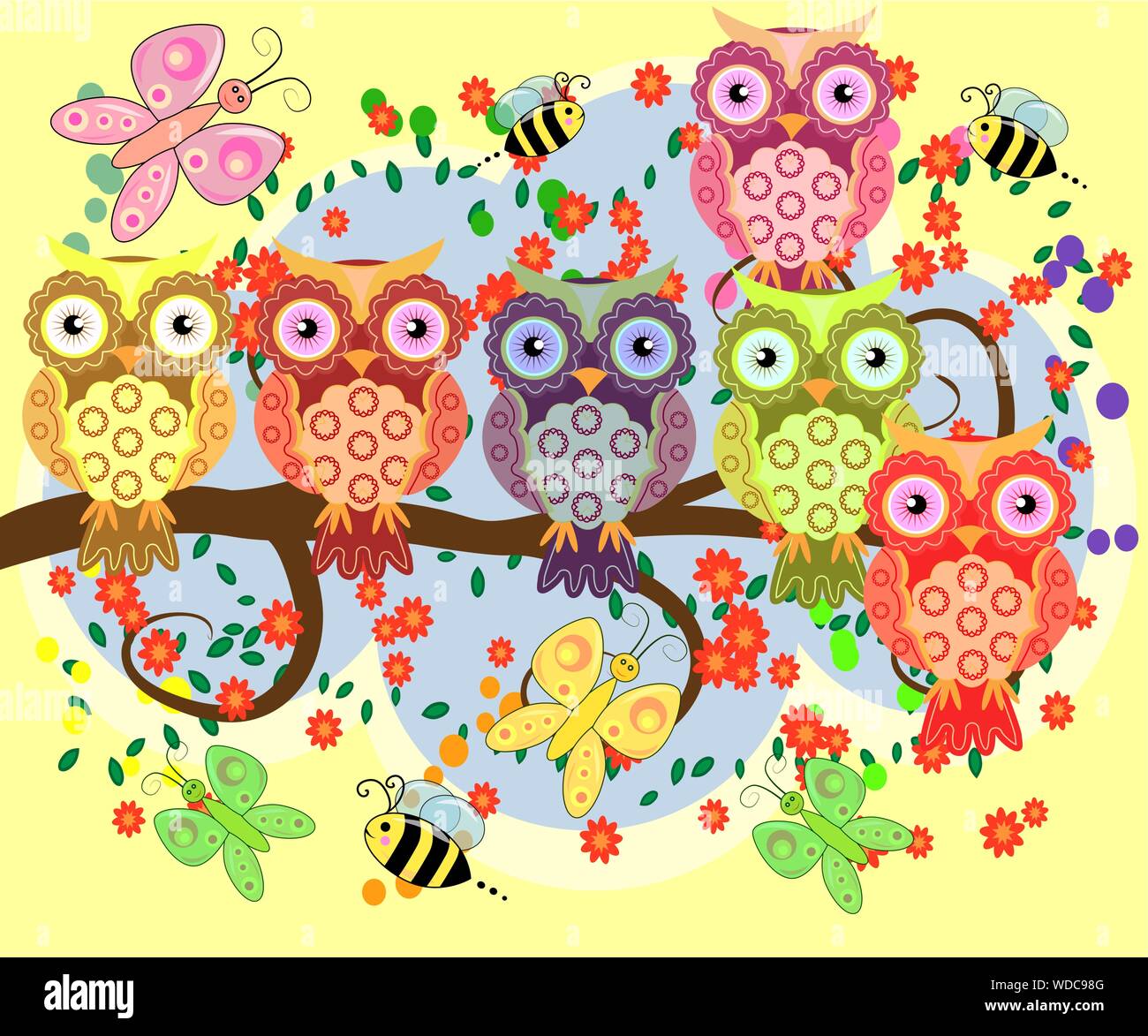 Bright, cartoonish, flirtatious, loving owls on the flowering branches ...