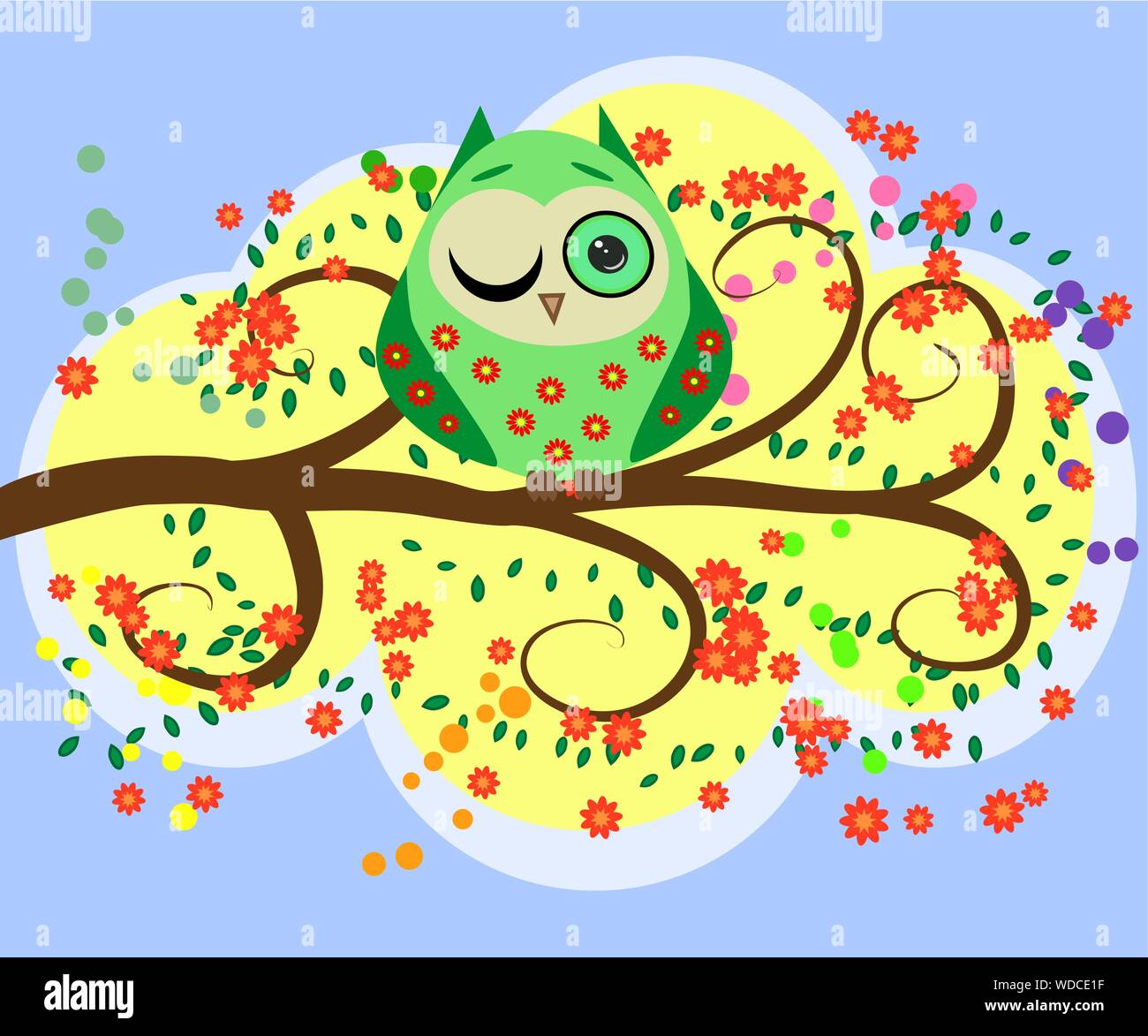Bright, cartoonish, flirtatious, loving owls on the flowering branches ...