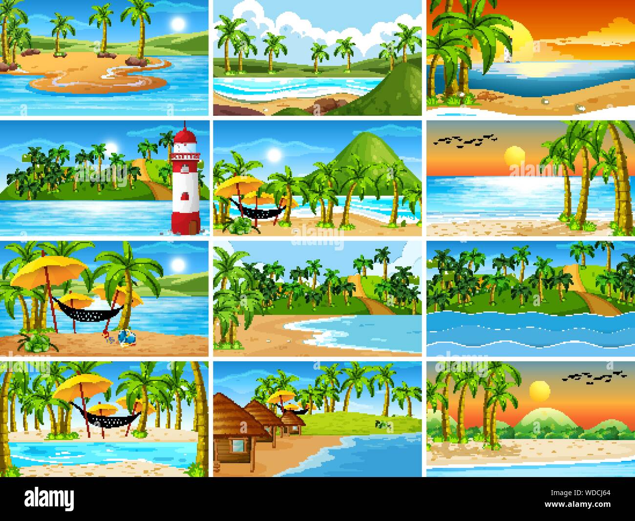 Set of tropical ocean nature scenes with beaches illustration Stock ...