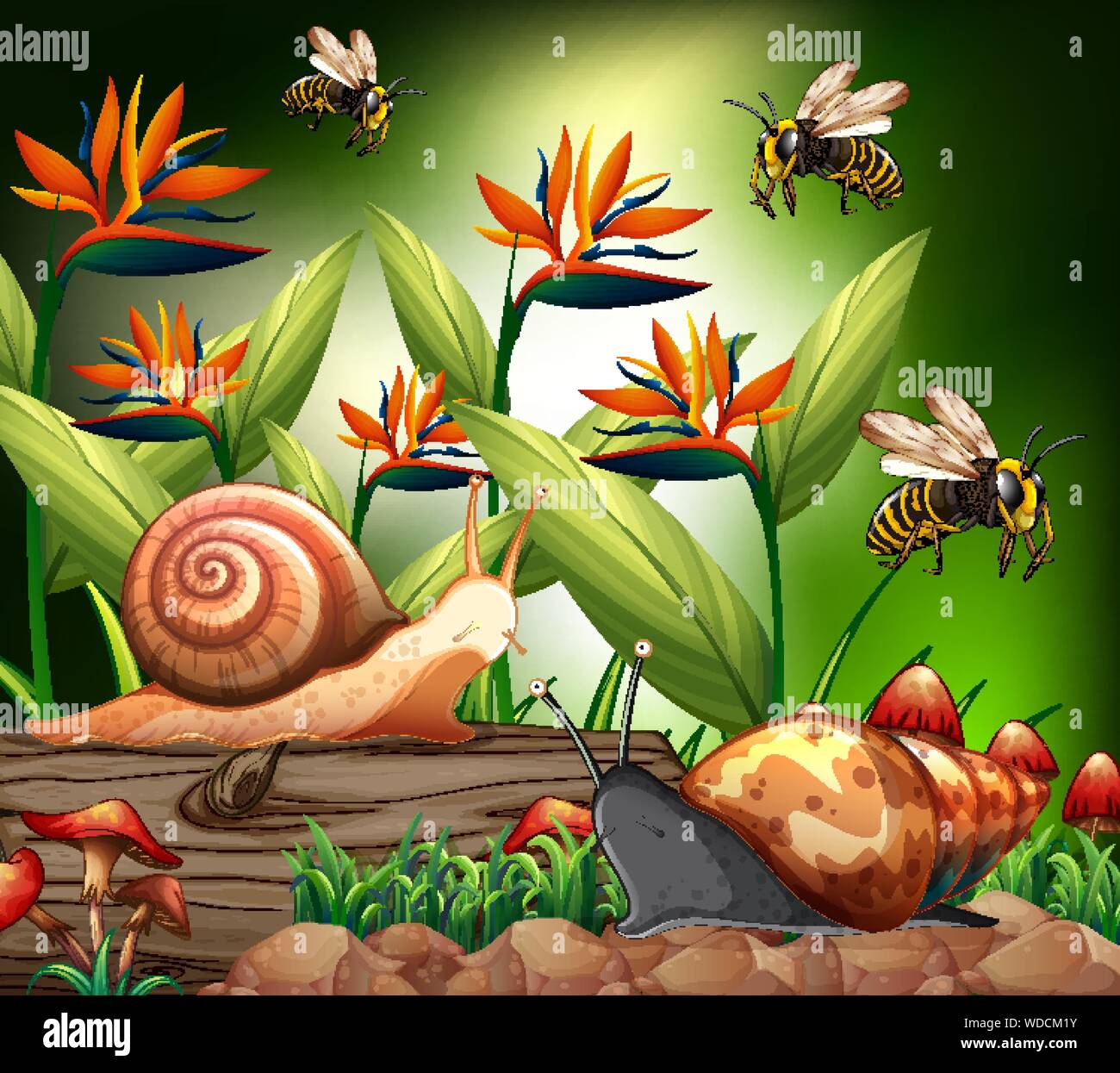 Background scene with bee and snails in garden illustration Stock ...