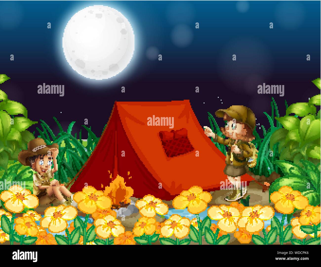 Scene background design with kids camping out at night illustration ...