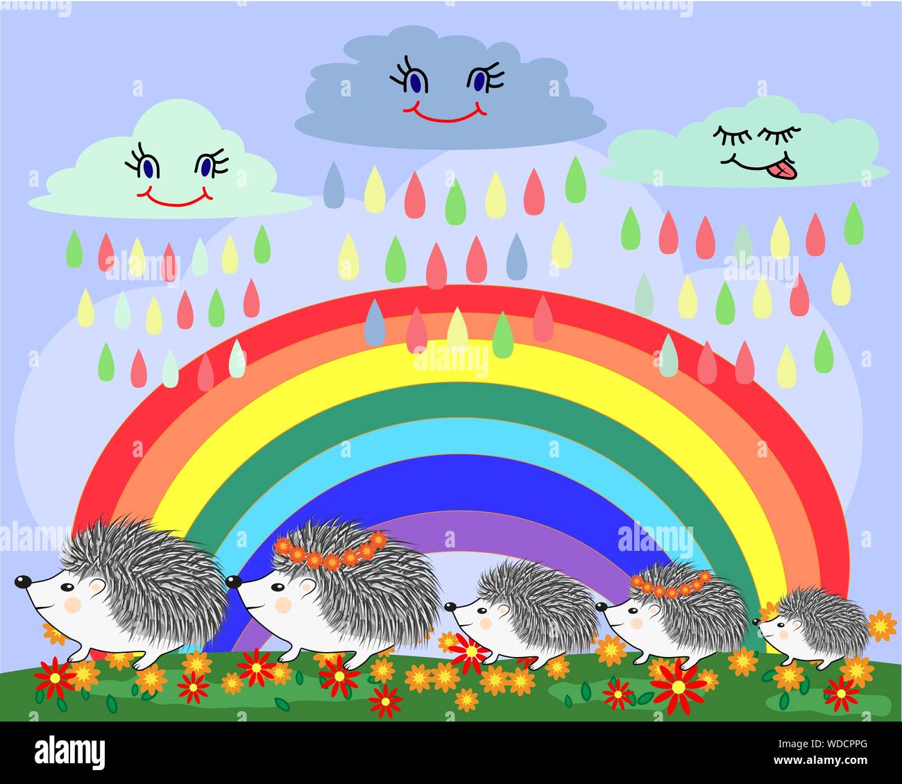 A family of five cute cartoon hedgehogs near a seven-colored rainbow ...