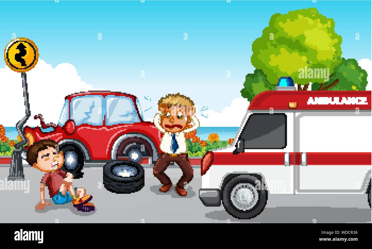 Accident scene with injured boy and ambulance illustration Stock Vector ...