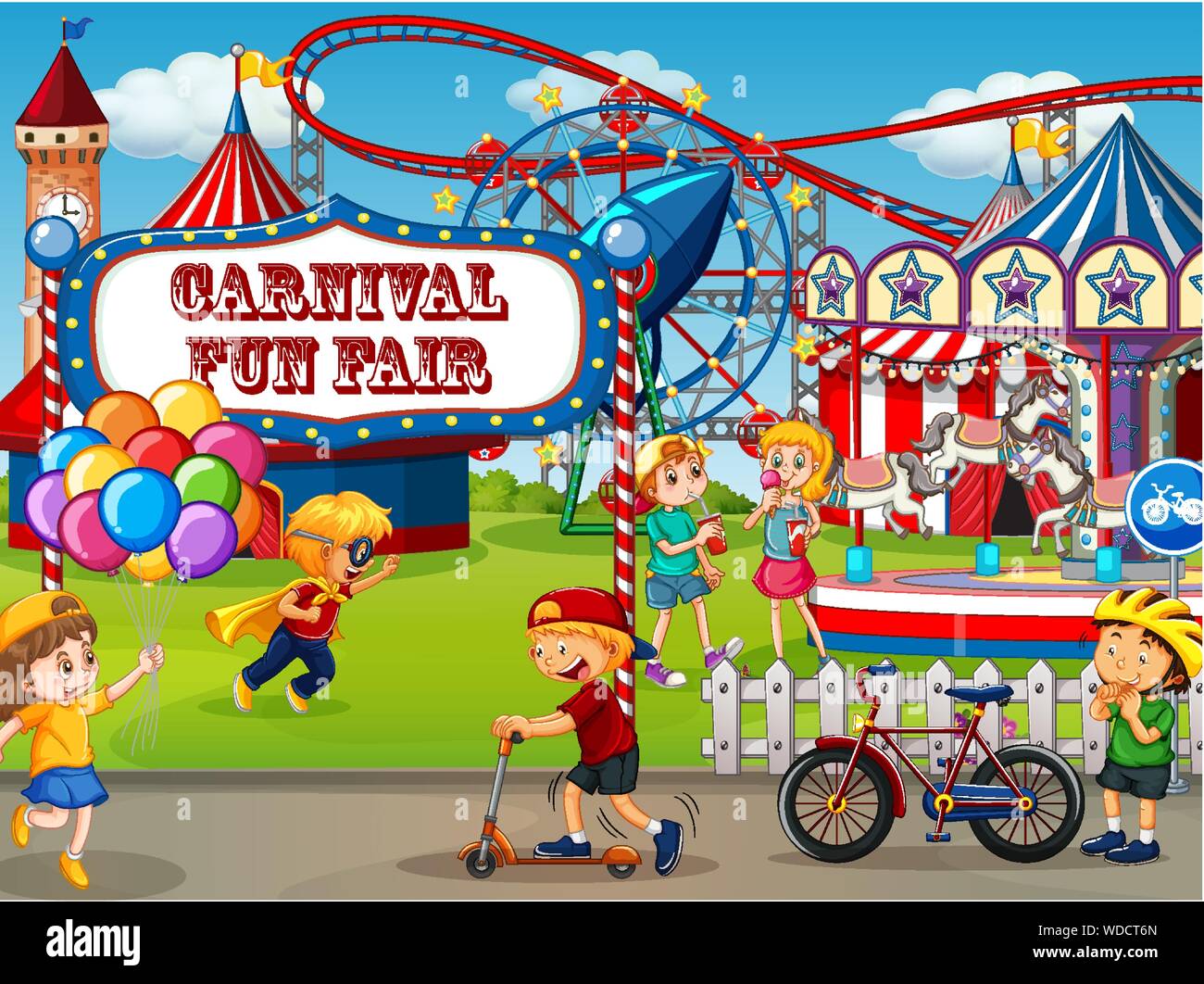 An outdoor funfair scene with many children playing illustration Stock ...