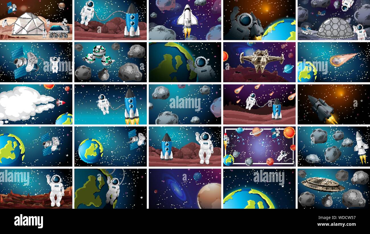 Large set of different space scenes illustration Stock Vector Image ...