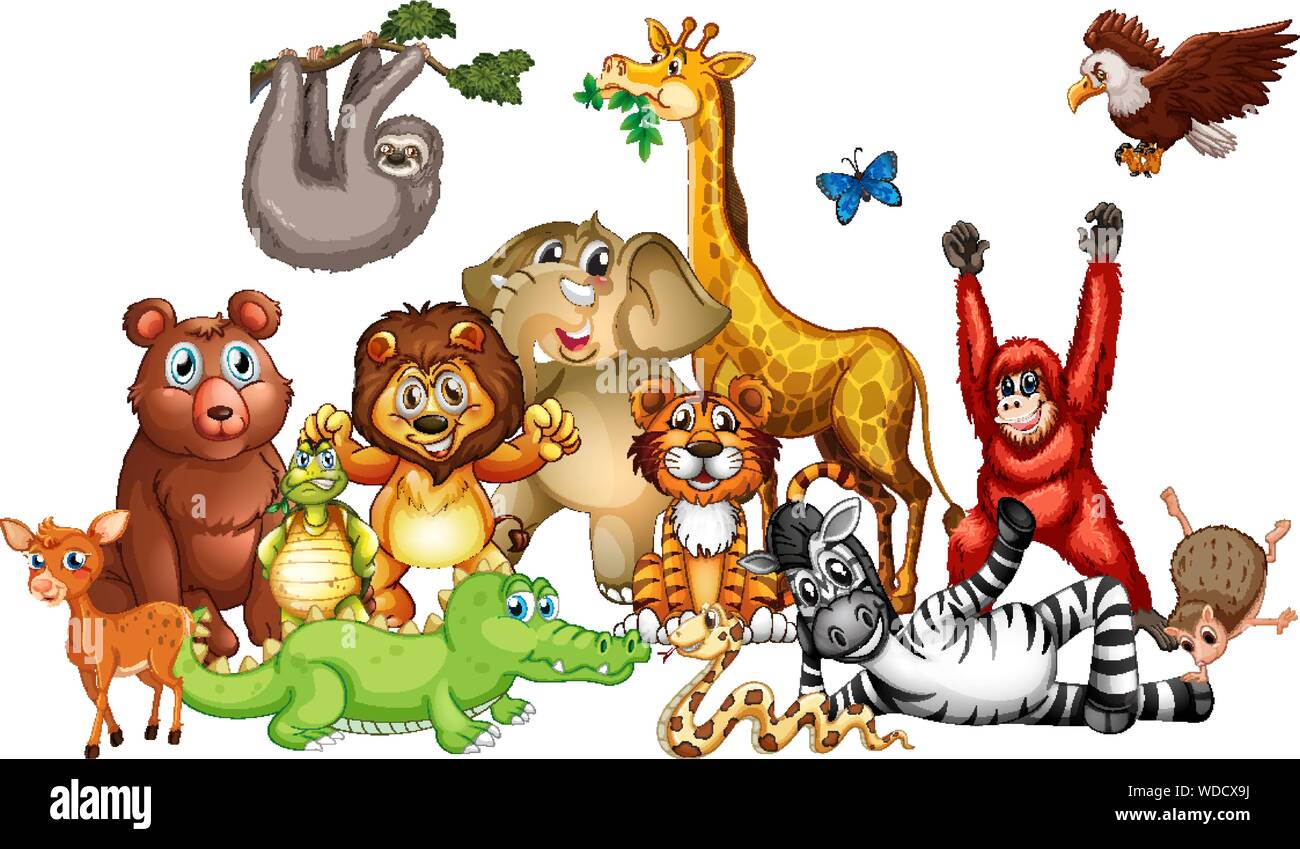 Many cute animals on white background illustration Stock Vector Image ...