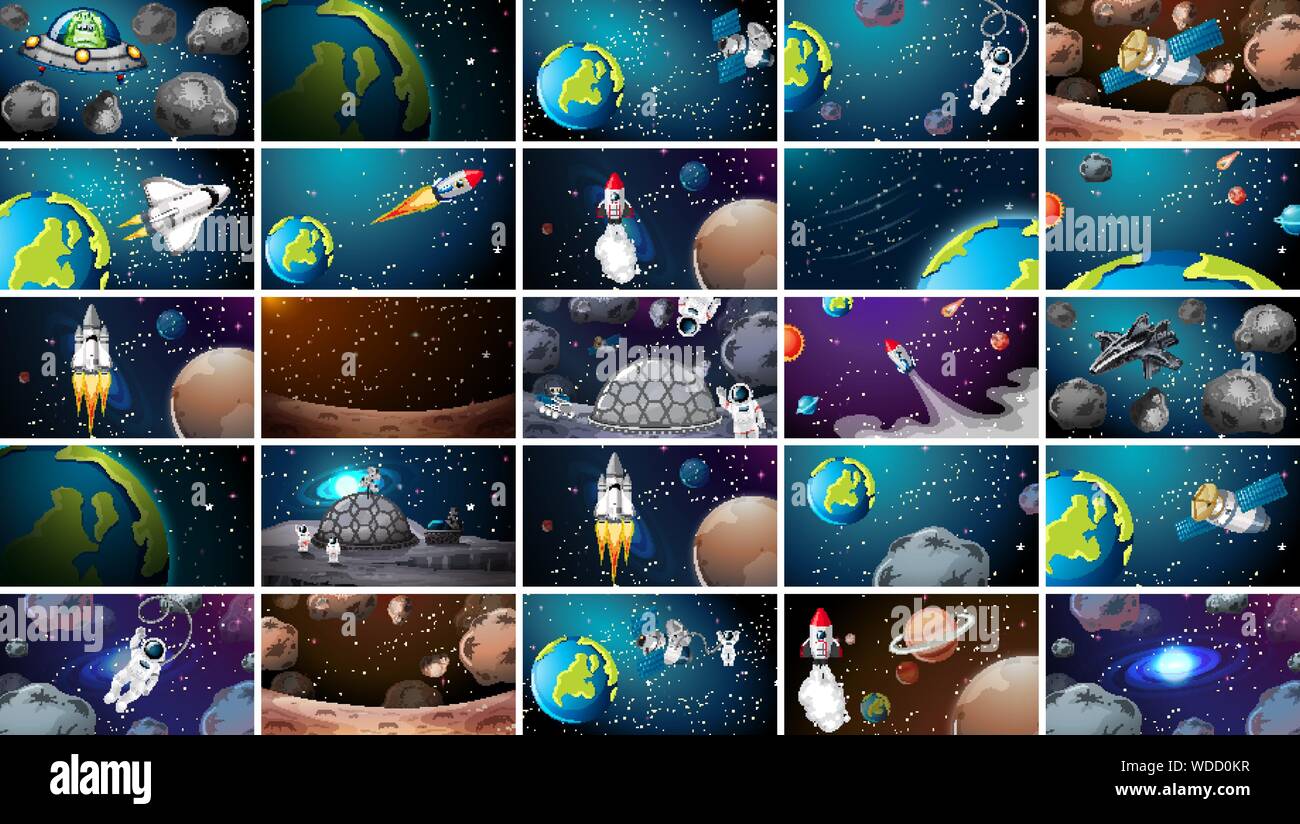 Large set of different space scenes illustration Stock Vector Image ...