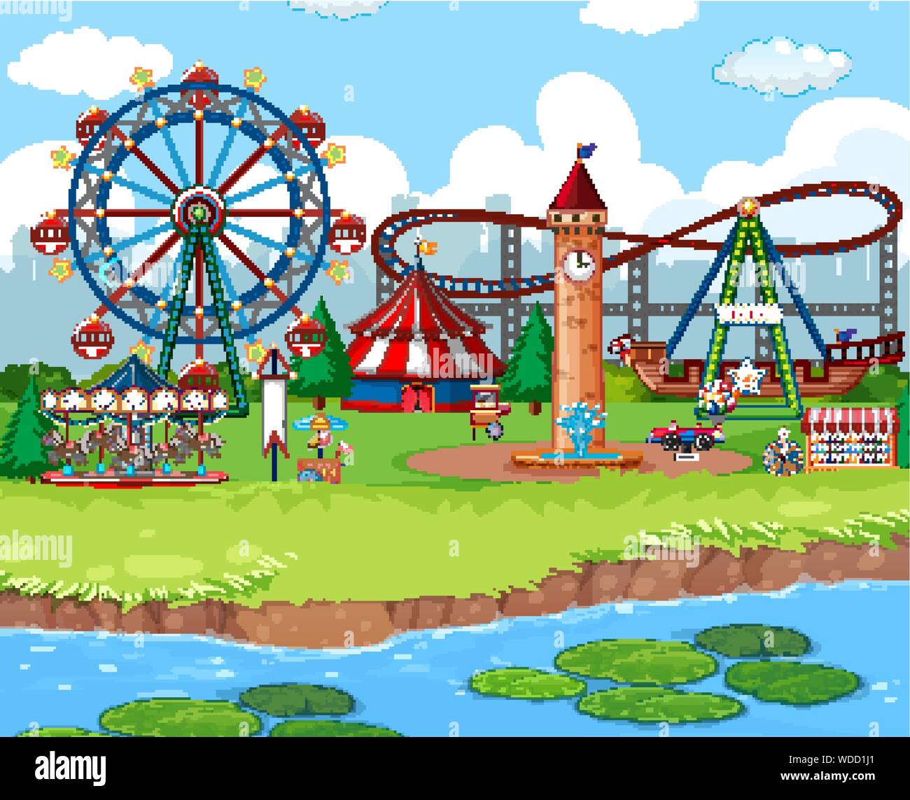Scene background design with rides at the carnival illustration Stock ...
